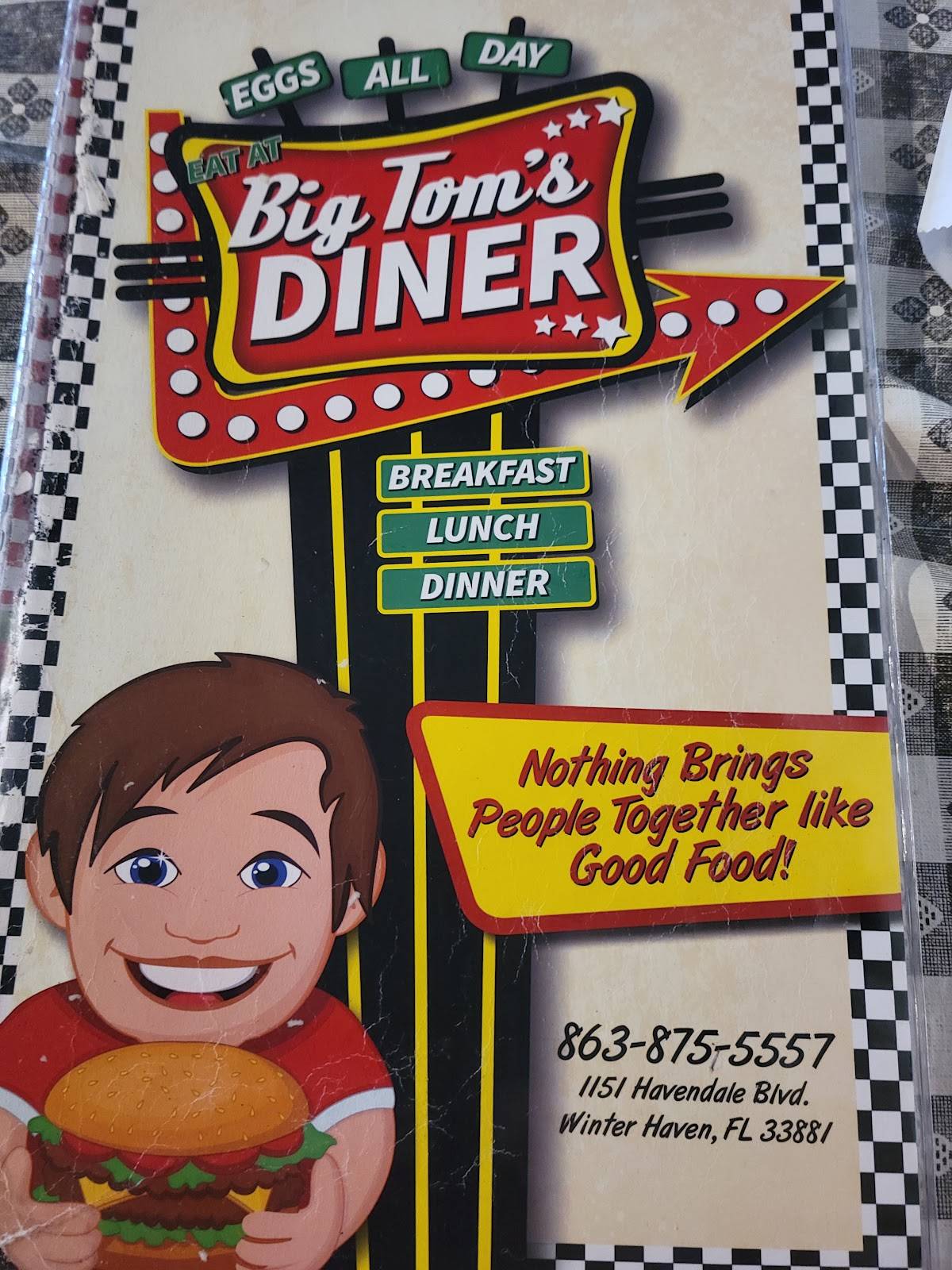 Menu at Big Tom's Diner restaurant, Winter Haven