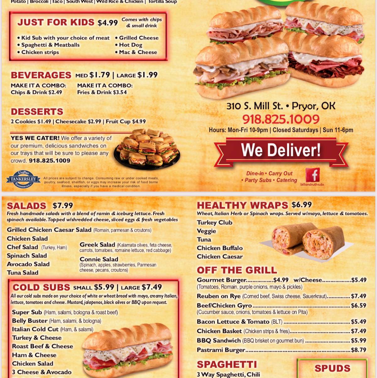 Menu at Bill & Ruth's Subs and Burgers Pryor restaurant, Pryor