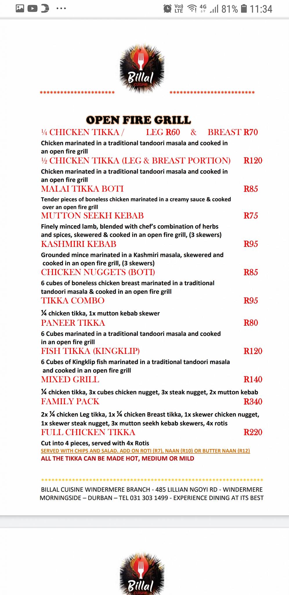 Menu at Billal Cuisine Windermere restaurant, Durban, 485 Lilian Ngoyi Rd
