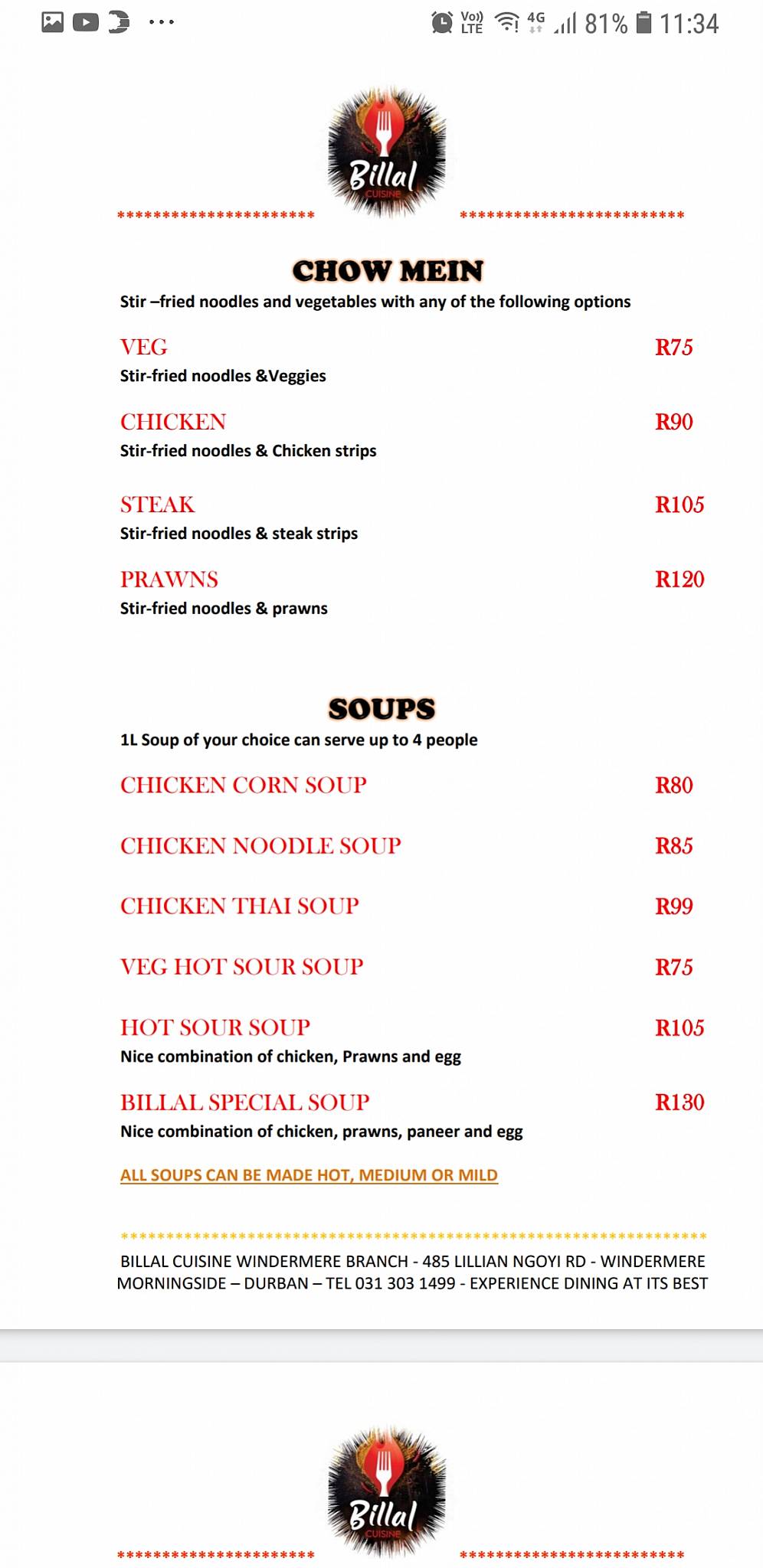 Menu at Billal Cuisine Windermere restaurant, Durban, 485 Lilian Ngoyi Rd