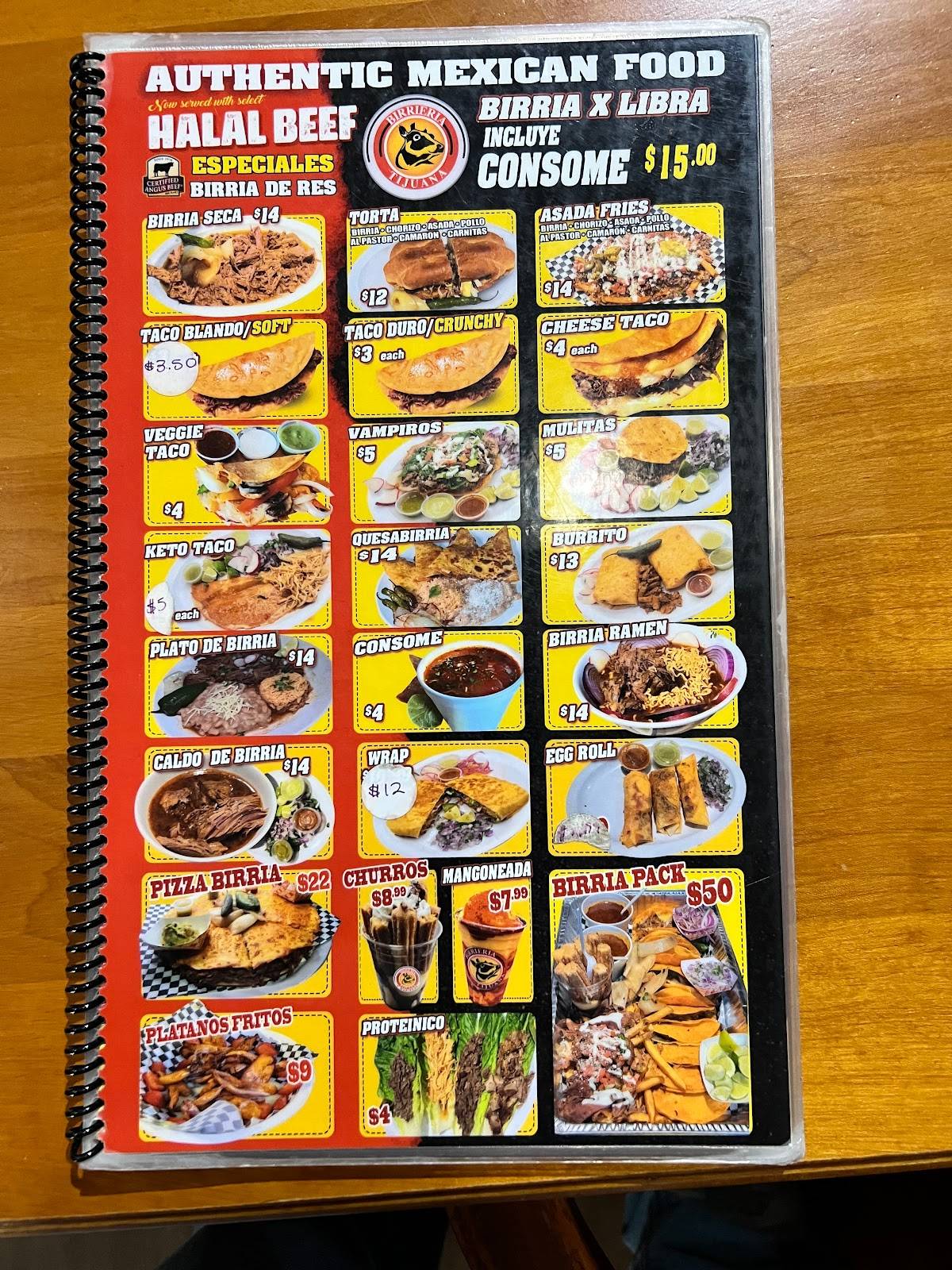 Menu at Birrieria Tijuana restaurant, Everett