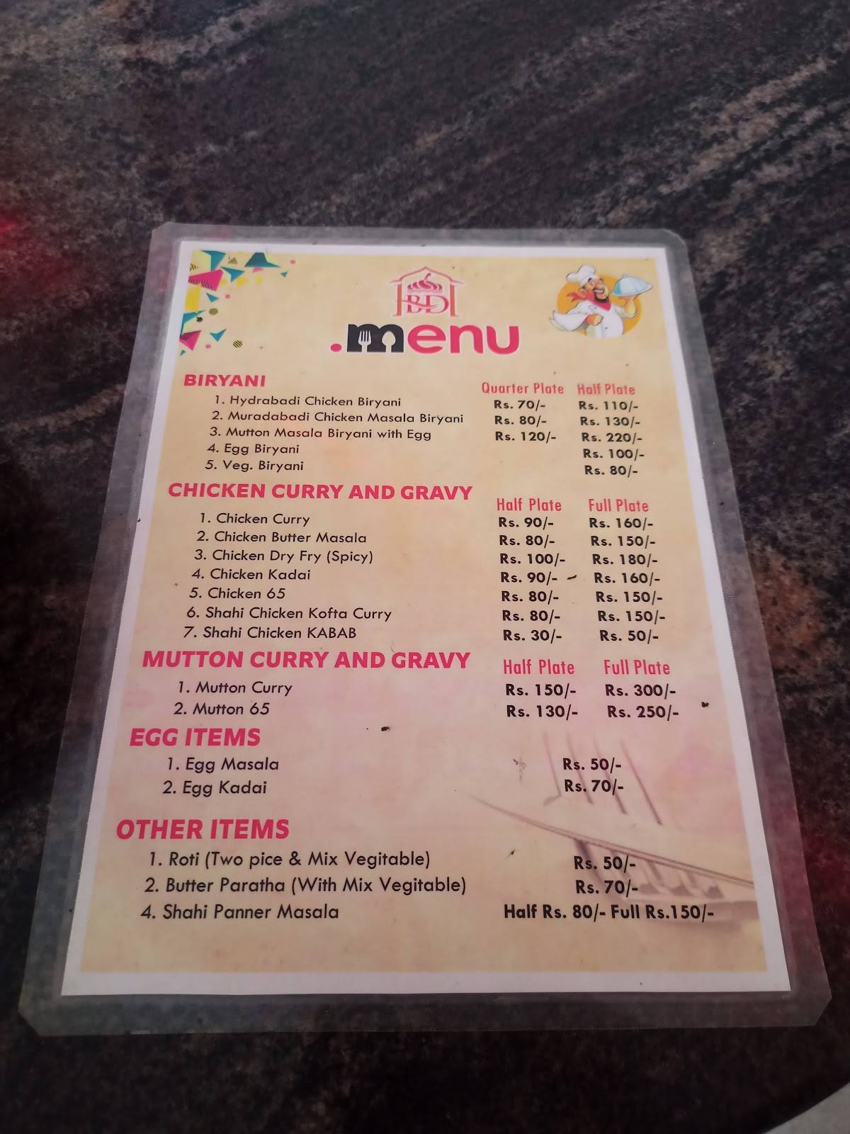 Menu at Biryani Darbar, Golaghat