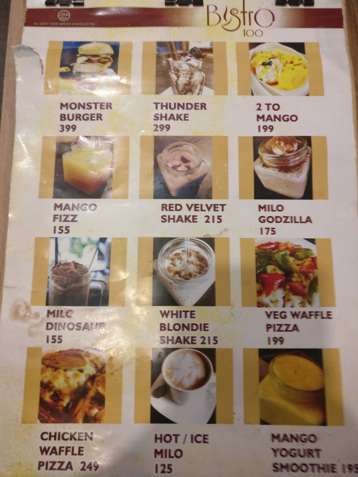 Menu at Bistro 100, Chennai