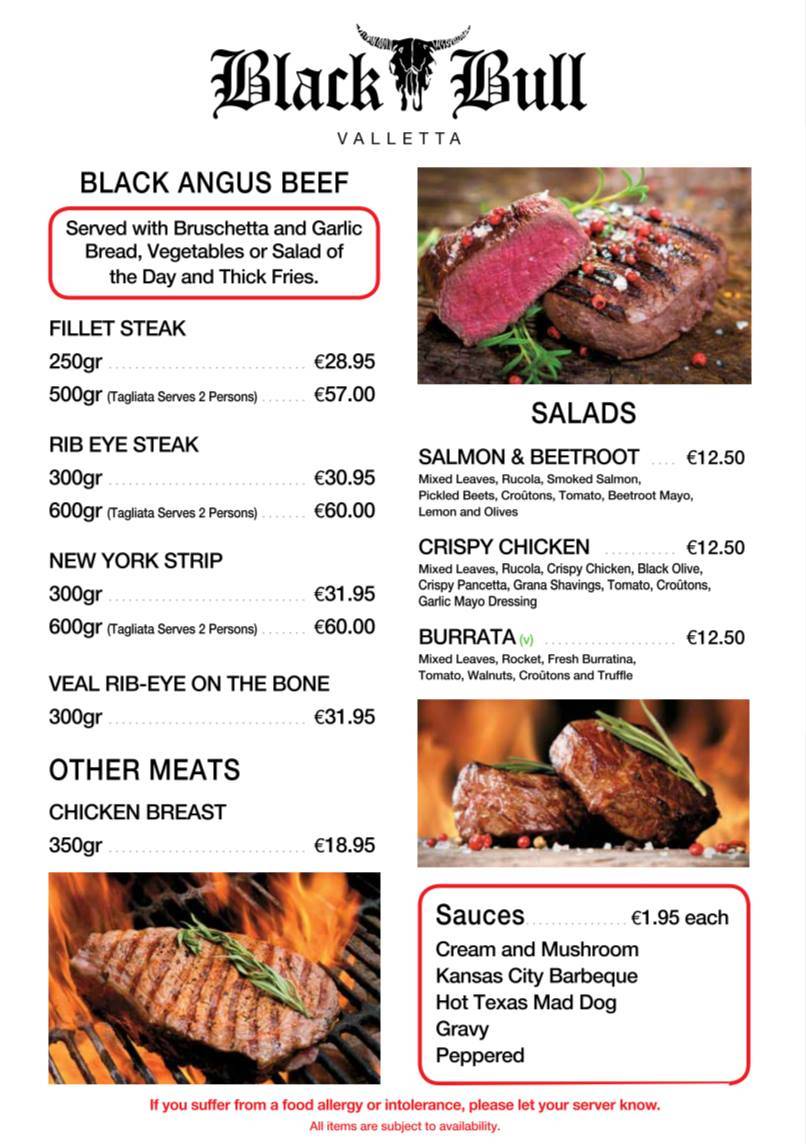 Menu at Black Bull restaurant, Valletta
