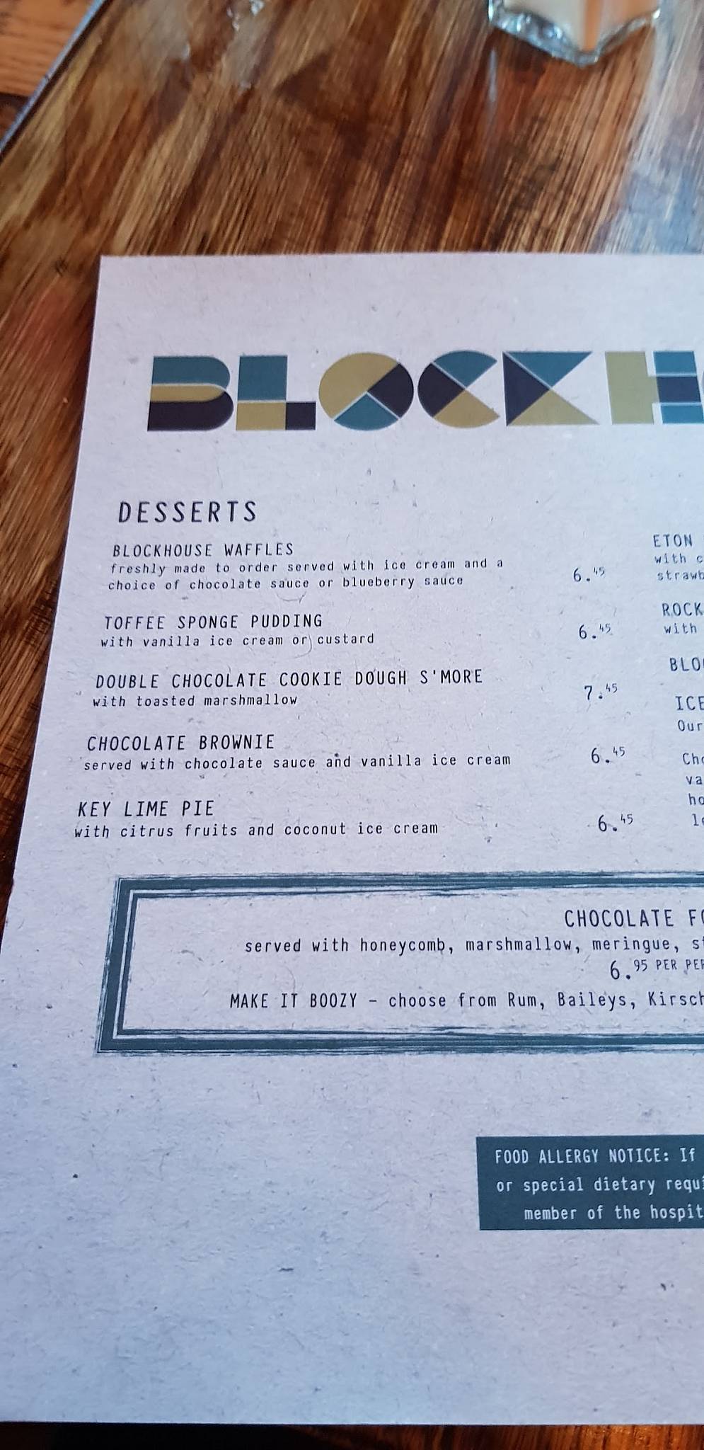 Menu at Blockhouse at The Sheet Anchor pub & bar, Whitmore, Newcastle Road