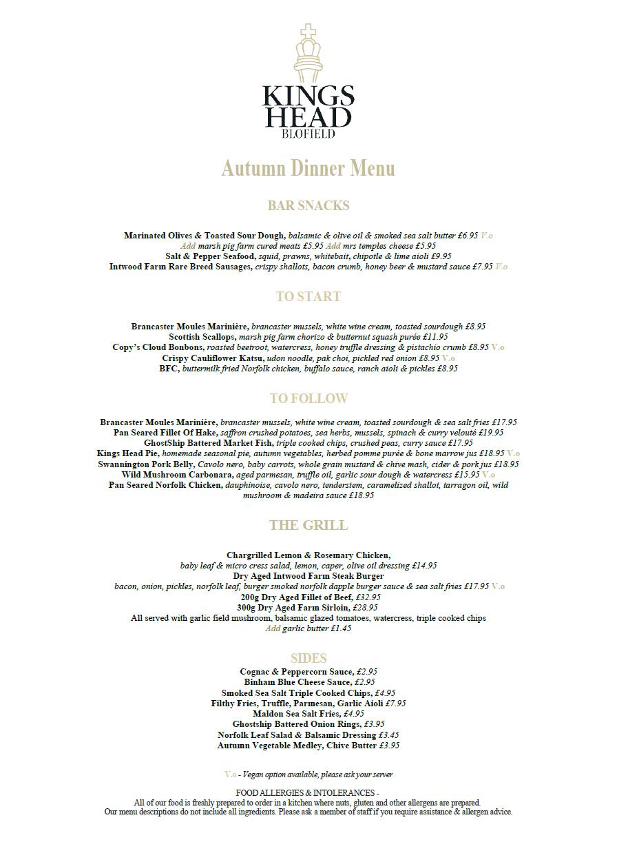 Menu at Kings Head pub & bar, Blofield, 39 Yarmouth Rd