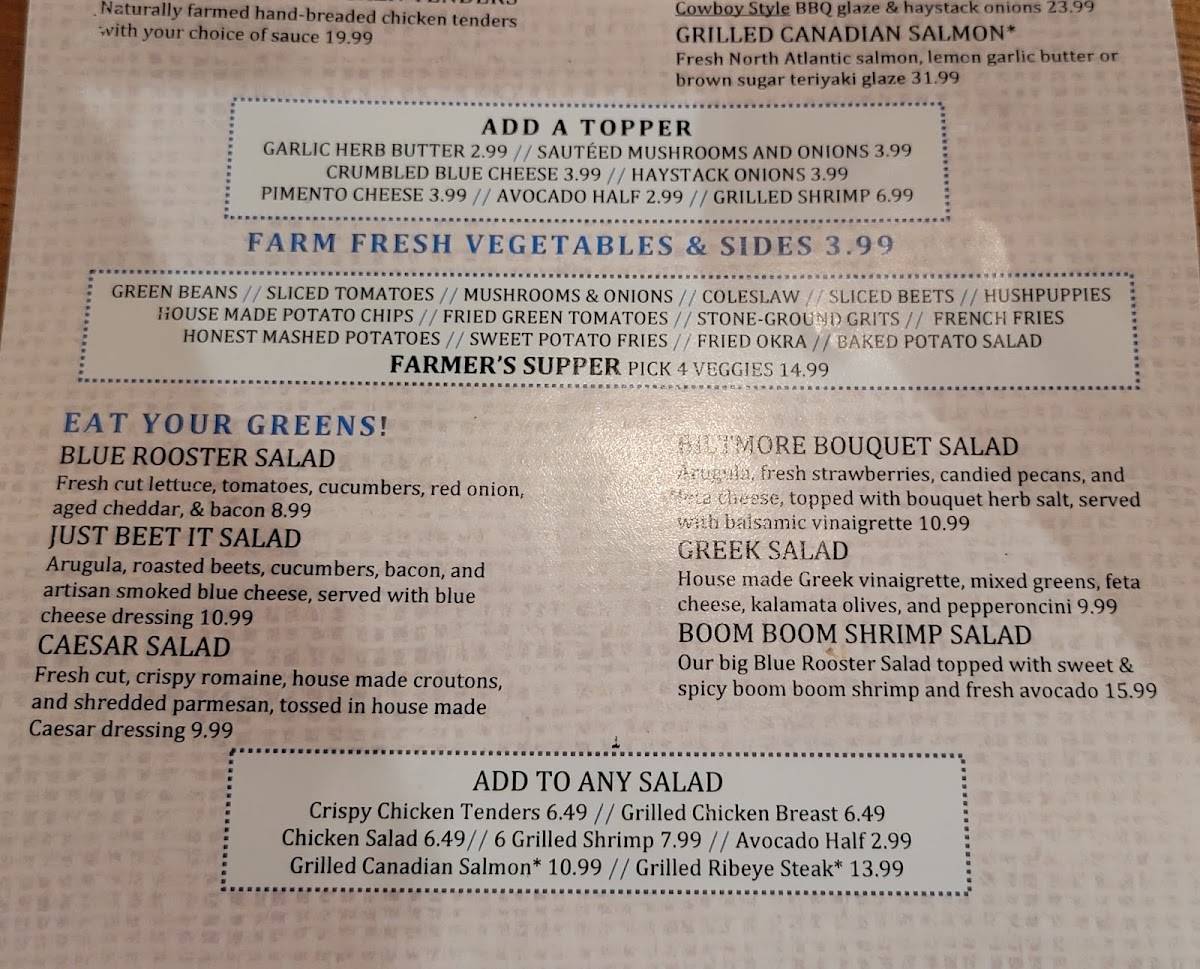 Menu at Blue Rooster Southern Grill restaurant, Lake Junaluska