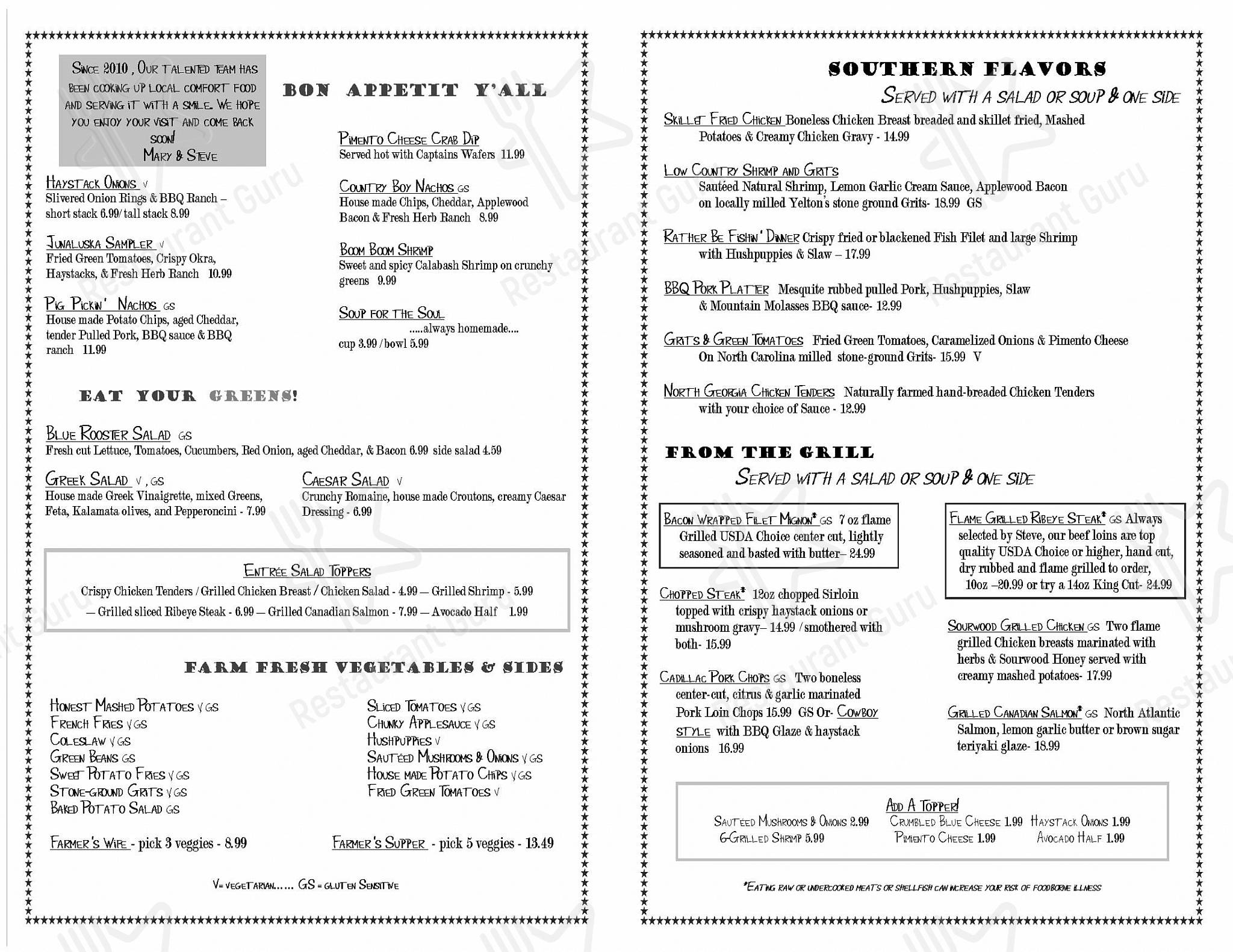 Menu at Blue Rooster Southern Grill restaurant, Lake Junaluska