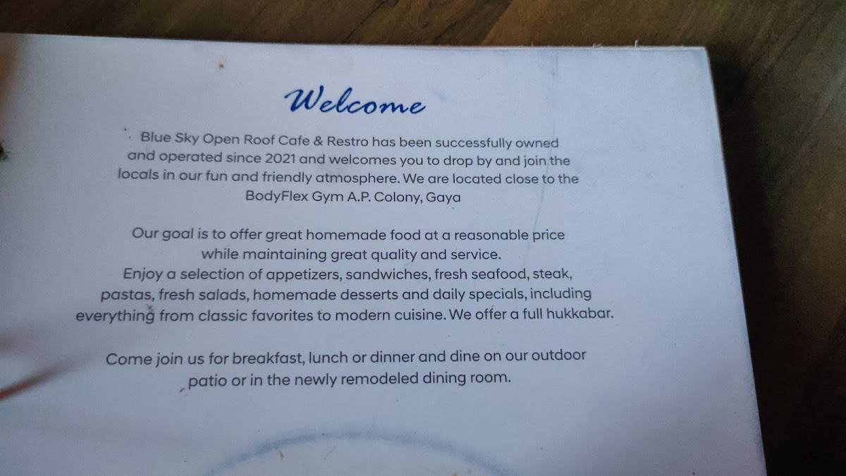 Menu at Blue Sky Open Roof Cafe & Restaurant - Best Restaurant in Gaya ...