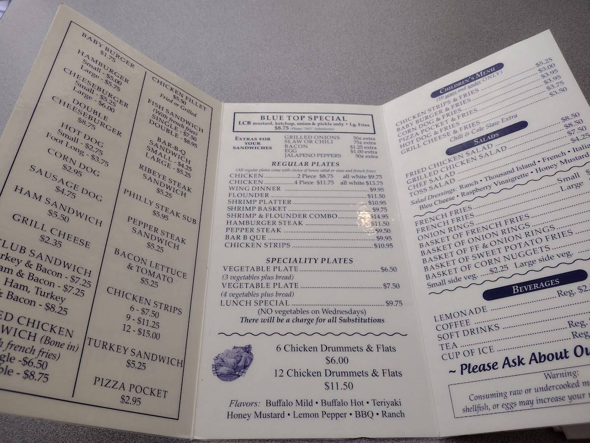 Menu at Blue Top Grill restaurant, Graniteville