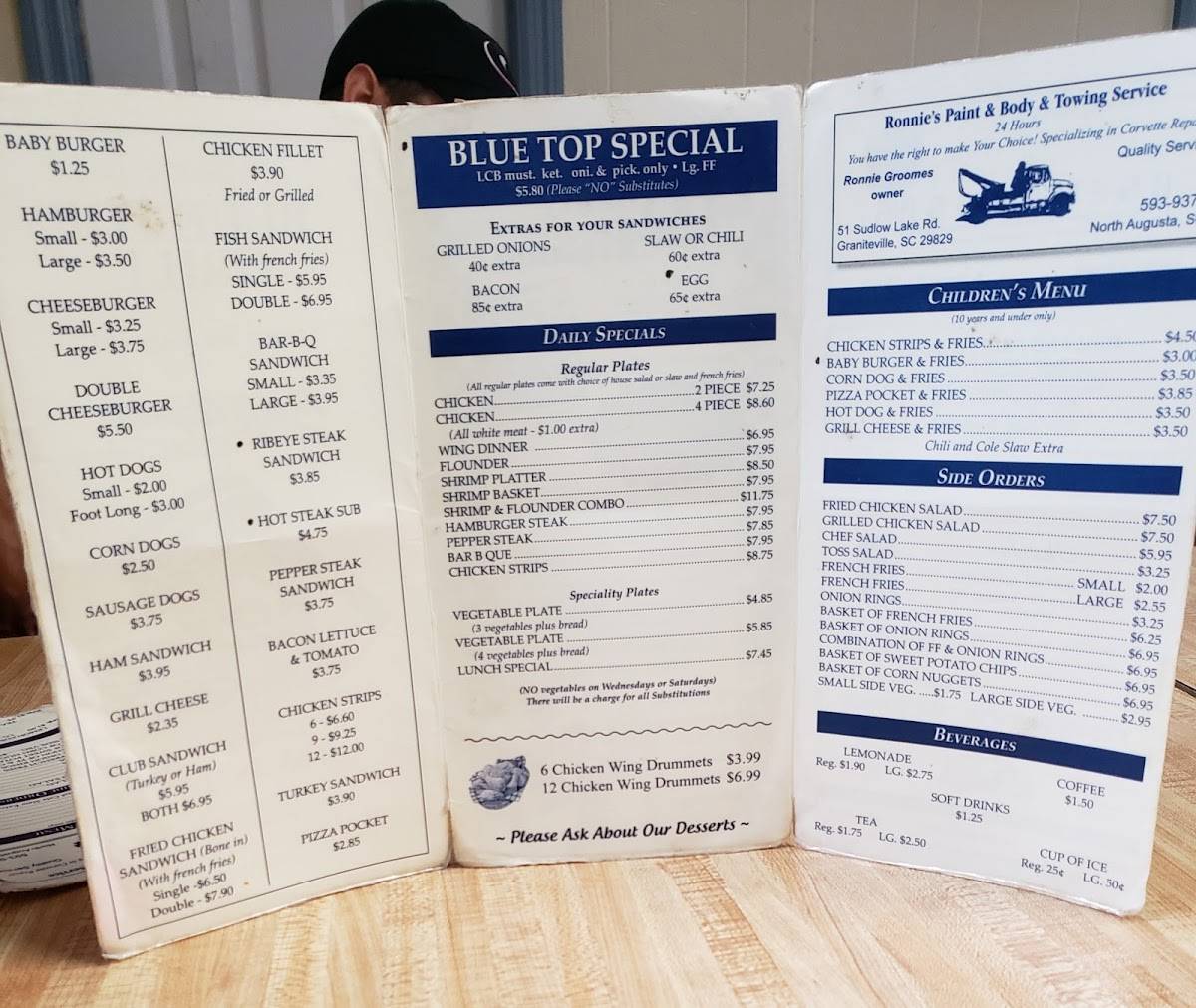 Menu at Blue Top Grill restaurant, Graniteville