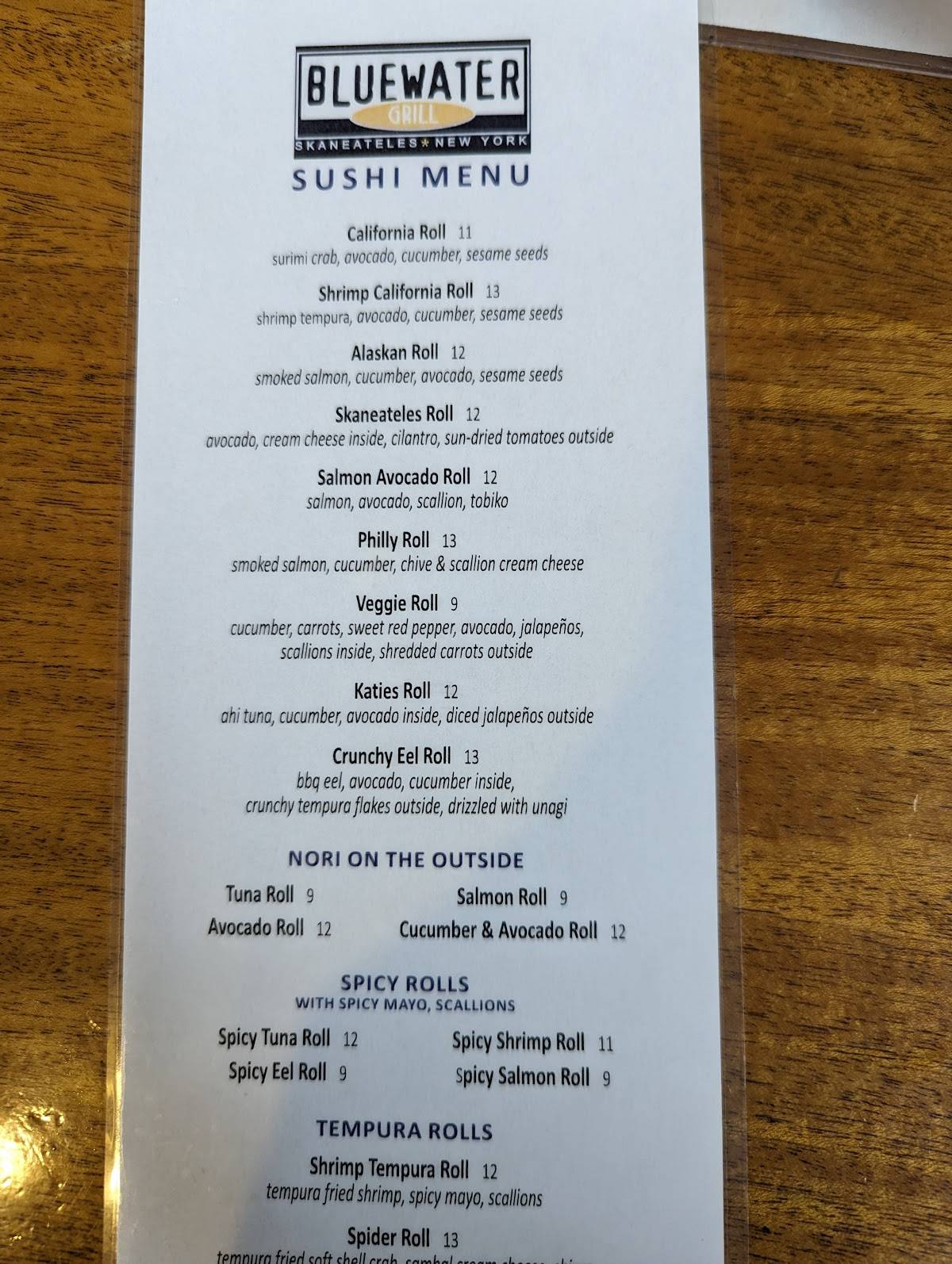 Menu at Blue Water Grill restaurant, Skaneateles