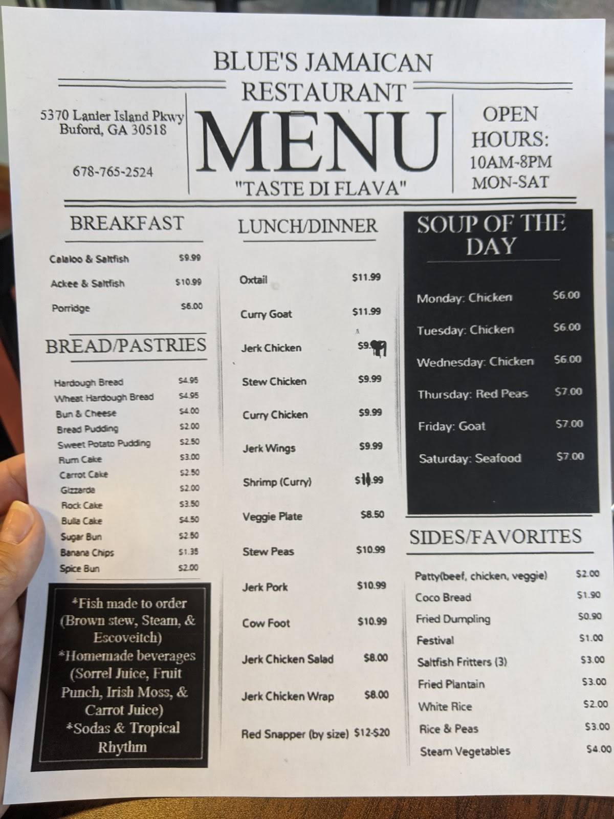 Menu at Blue's Jamaican Resturant & Bar, Buford
