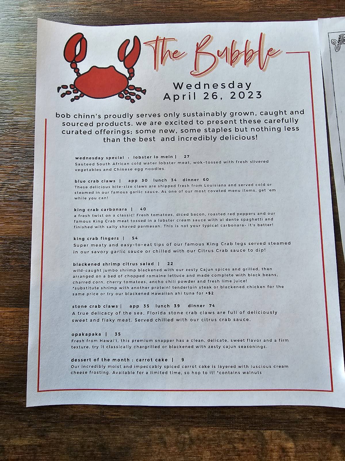 Menu at Bob Chinn's Crab House steakhouse, Wheeling