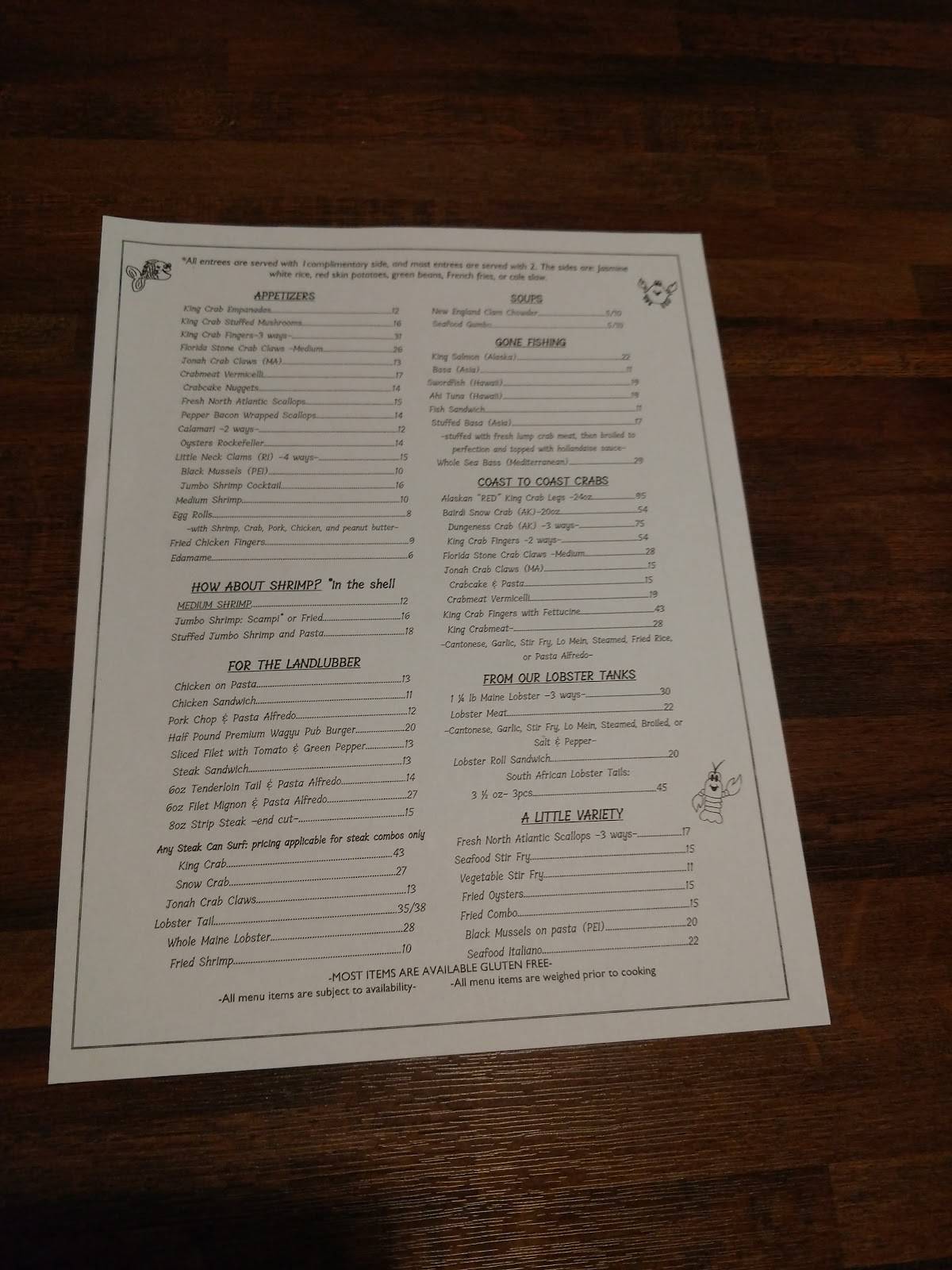 Menu at Bob Chinn's Crab House steakhouse, Wheeling