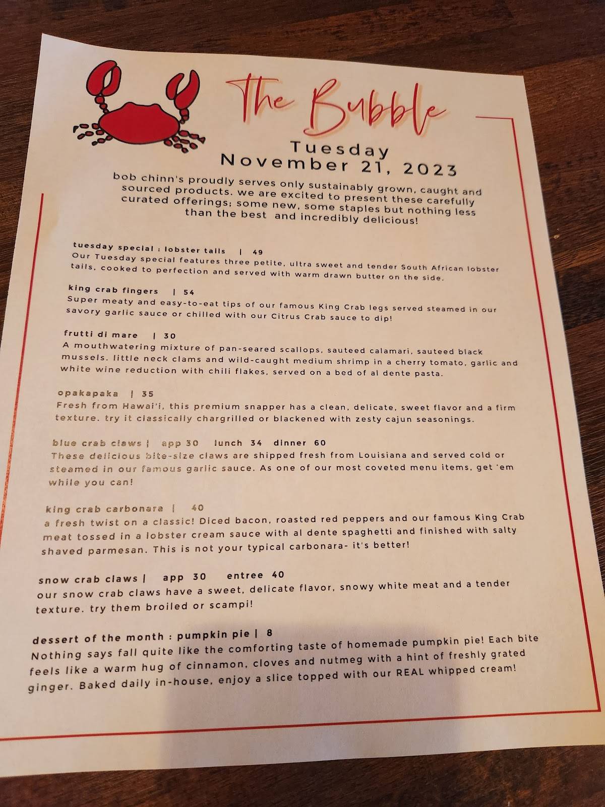 Menu at Bob Chinn's Crab House steakhouse, Wheeling