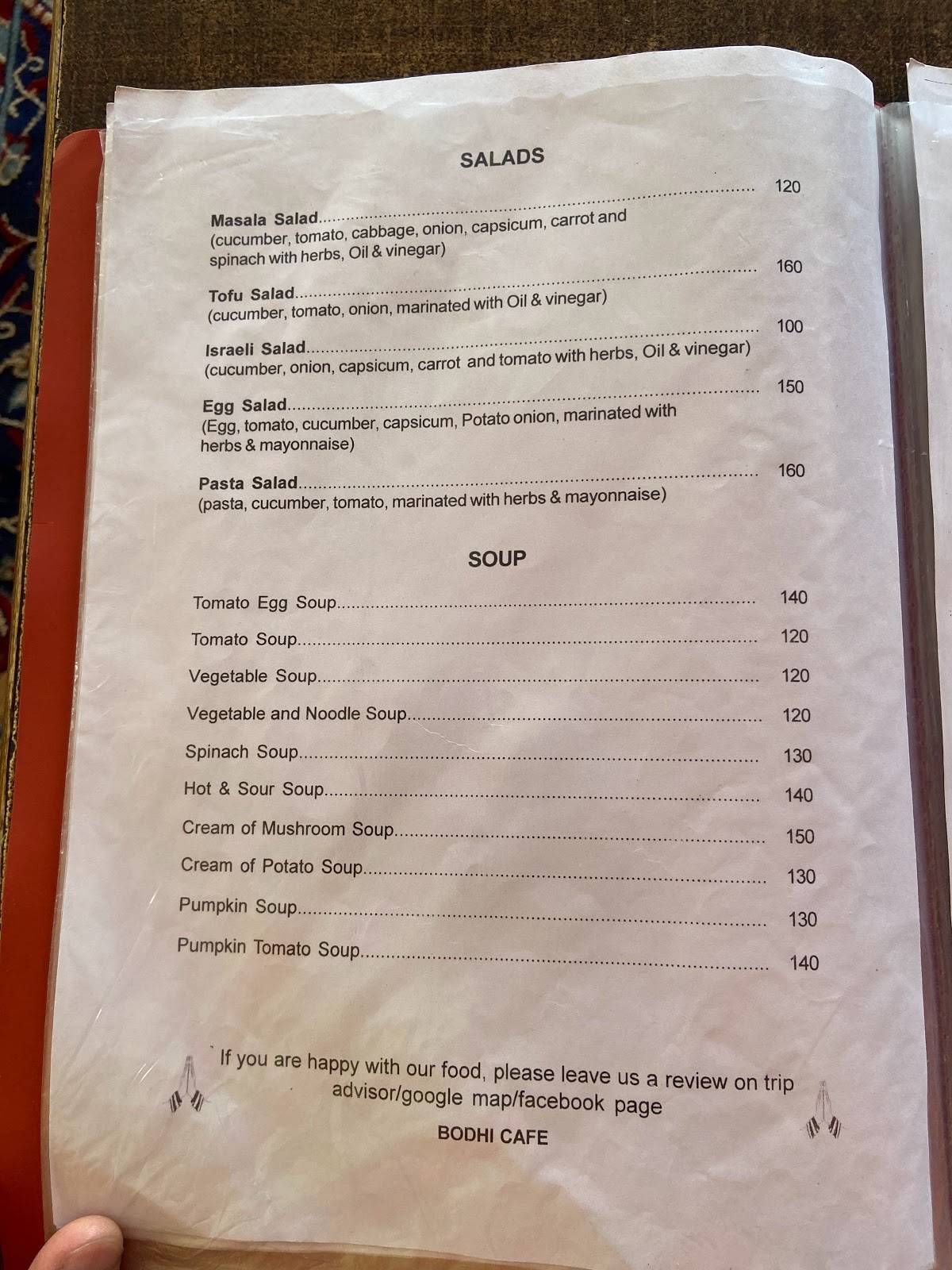 Menu at Bodhi cafe, Rishikesh, Balaknath Rd