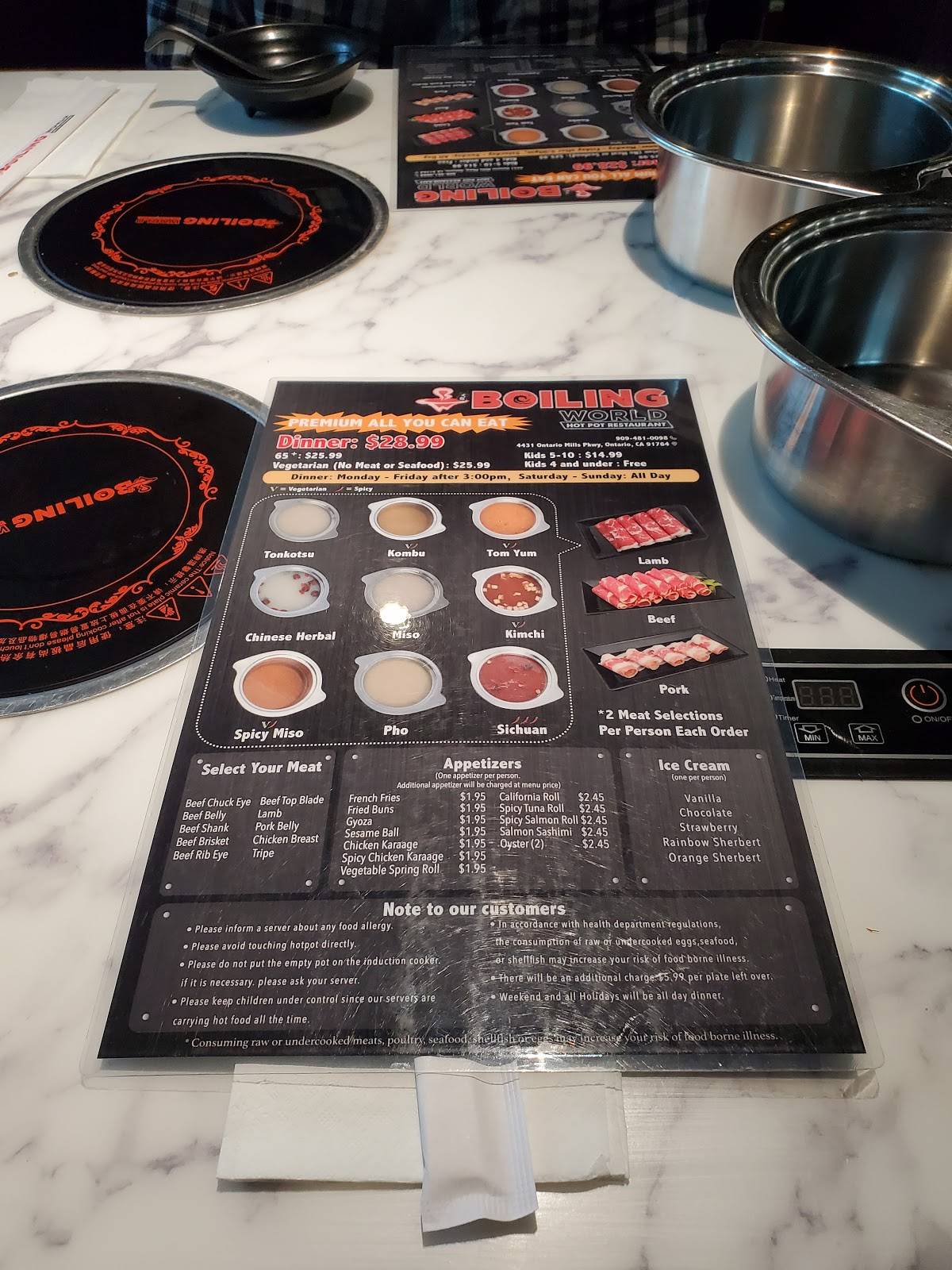 Menu at Boiling World restaurant, Ontario