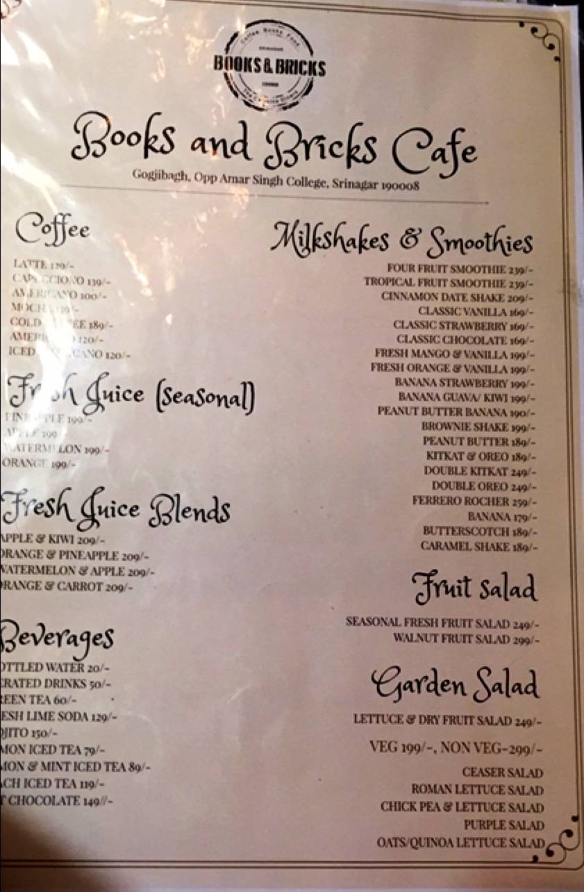 Menu at Books & Bricks Cafe, Srinagar