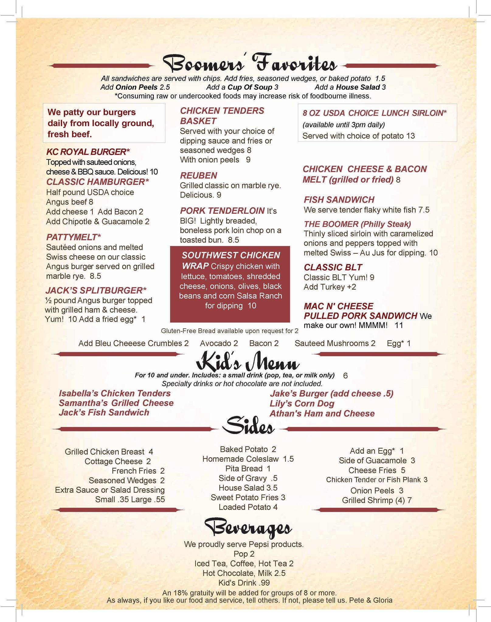Menu at Boomers Grill pub & bar, Holton