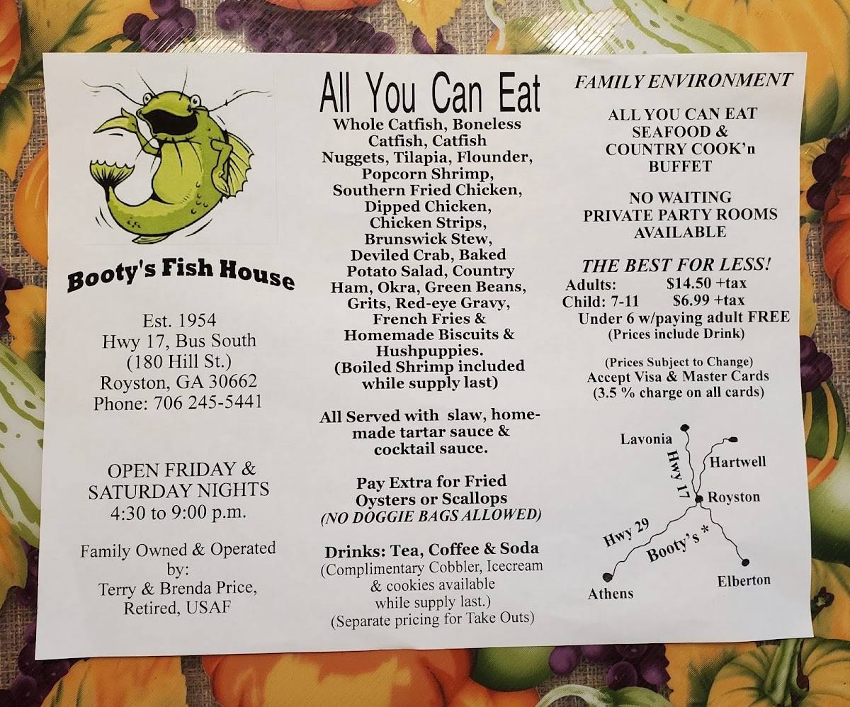 Menu at Booty's Fish House restaurant, Royston, 180 Hill St