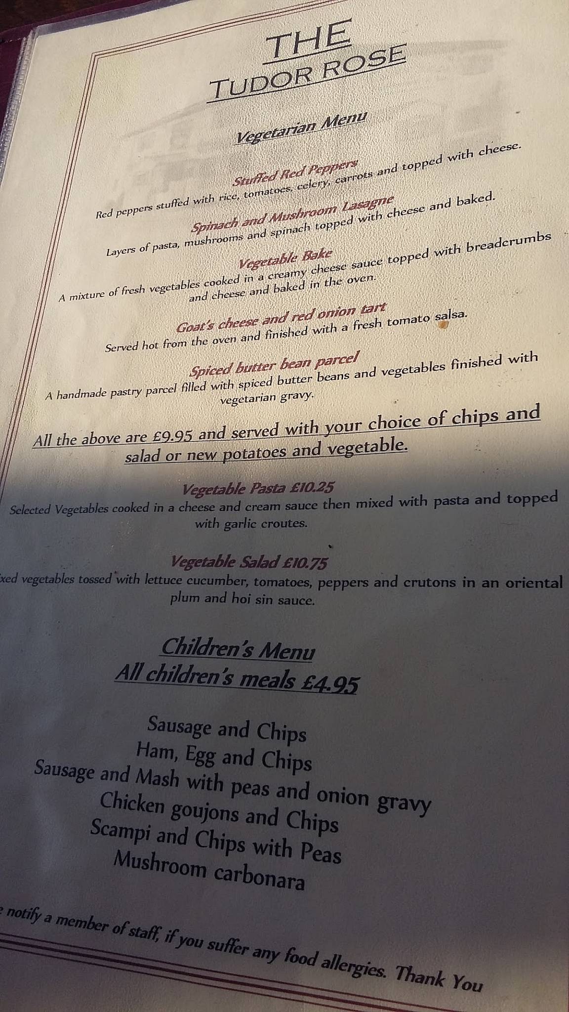 Menu at Tudor Rose pub & bar, Sittingbourne