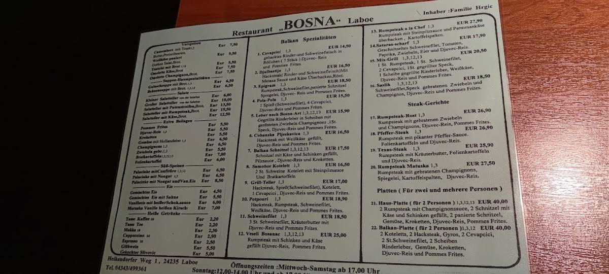 Speisekarte von Bosna restaurant, Laboe