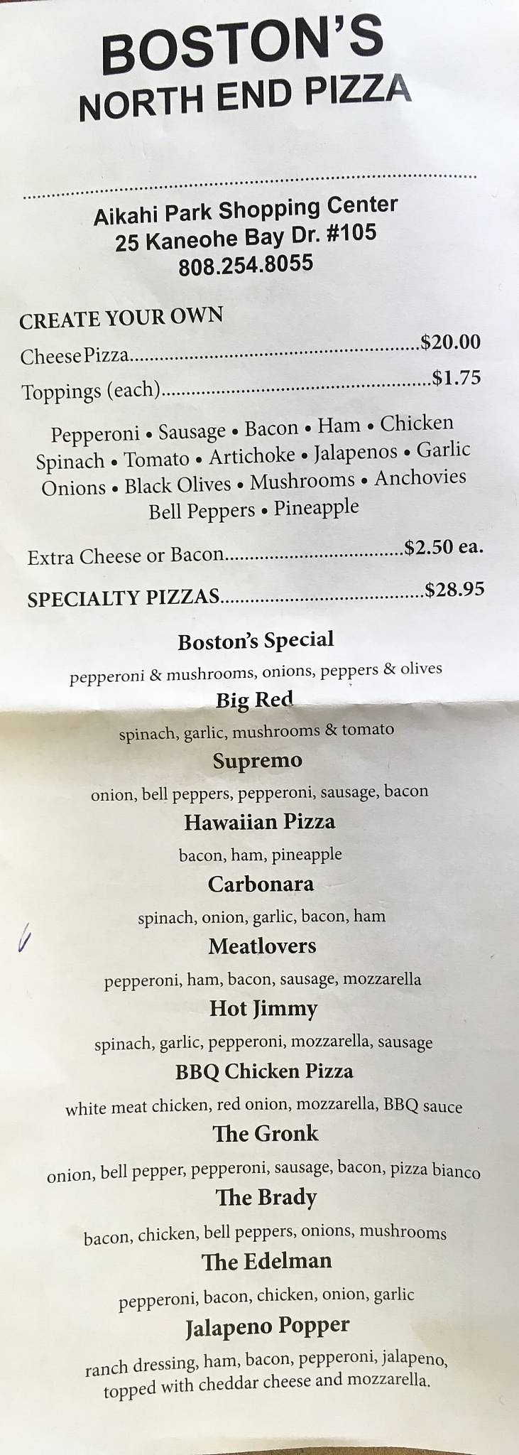 Menu at Boston's Pizza pizzeria, Kailua