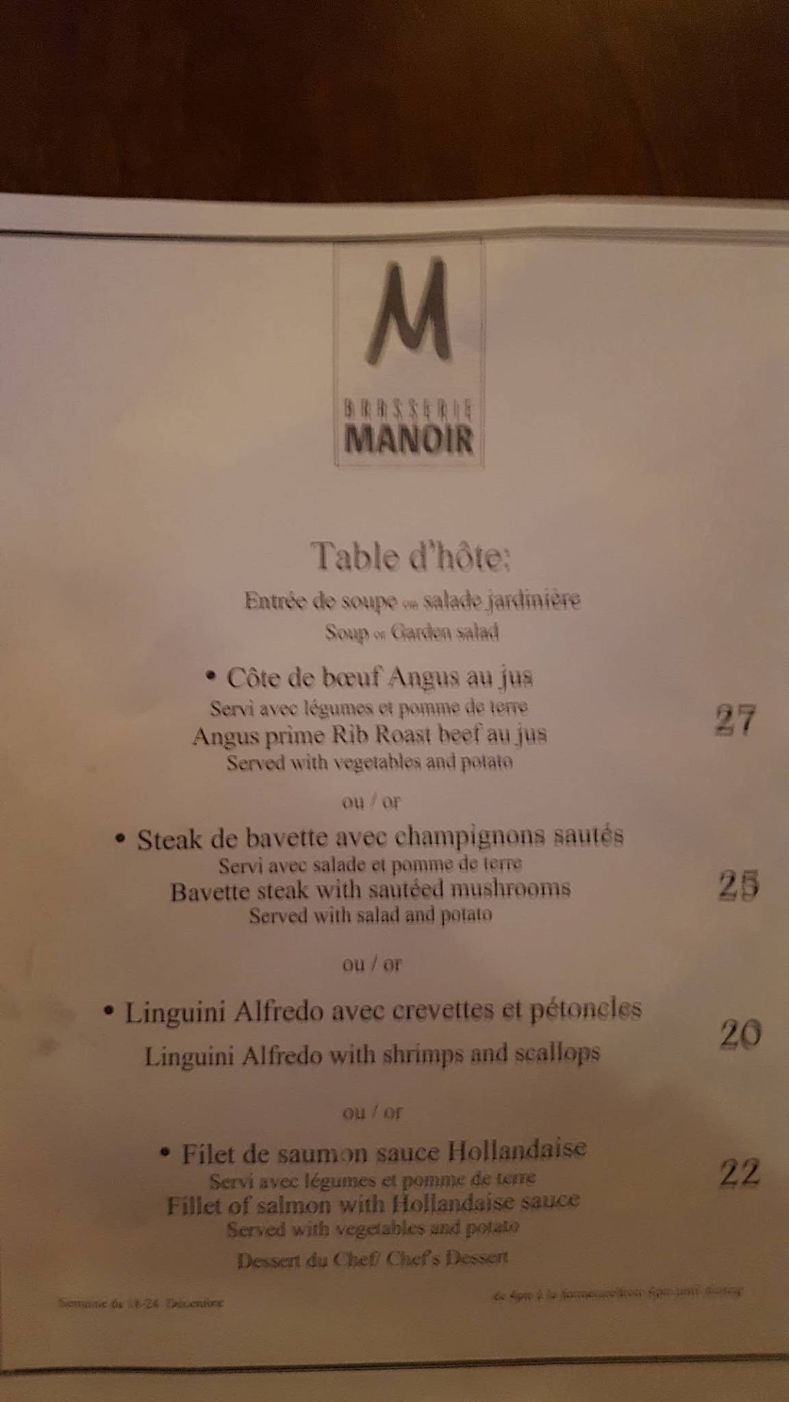 Menu au Brasserie Le Manoir Pointe-Claire pub et bar, Pointe-Claire ...