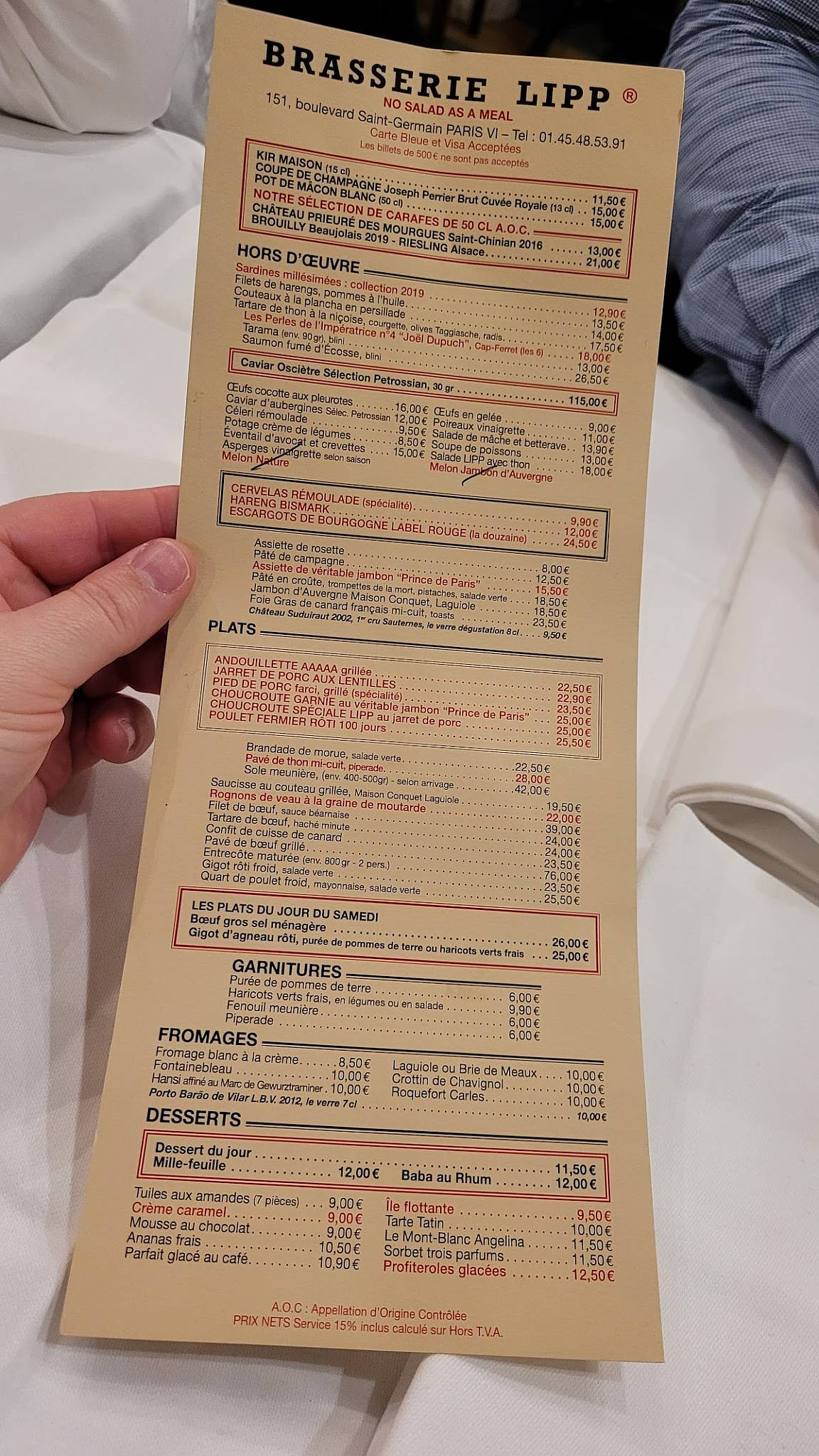Menu at Brasserie Lipp restaurant, Paris, 151 Bd Saint-Germain