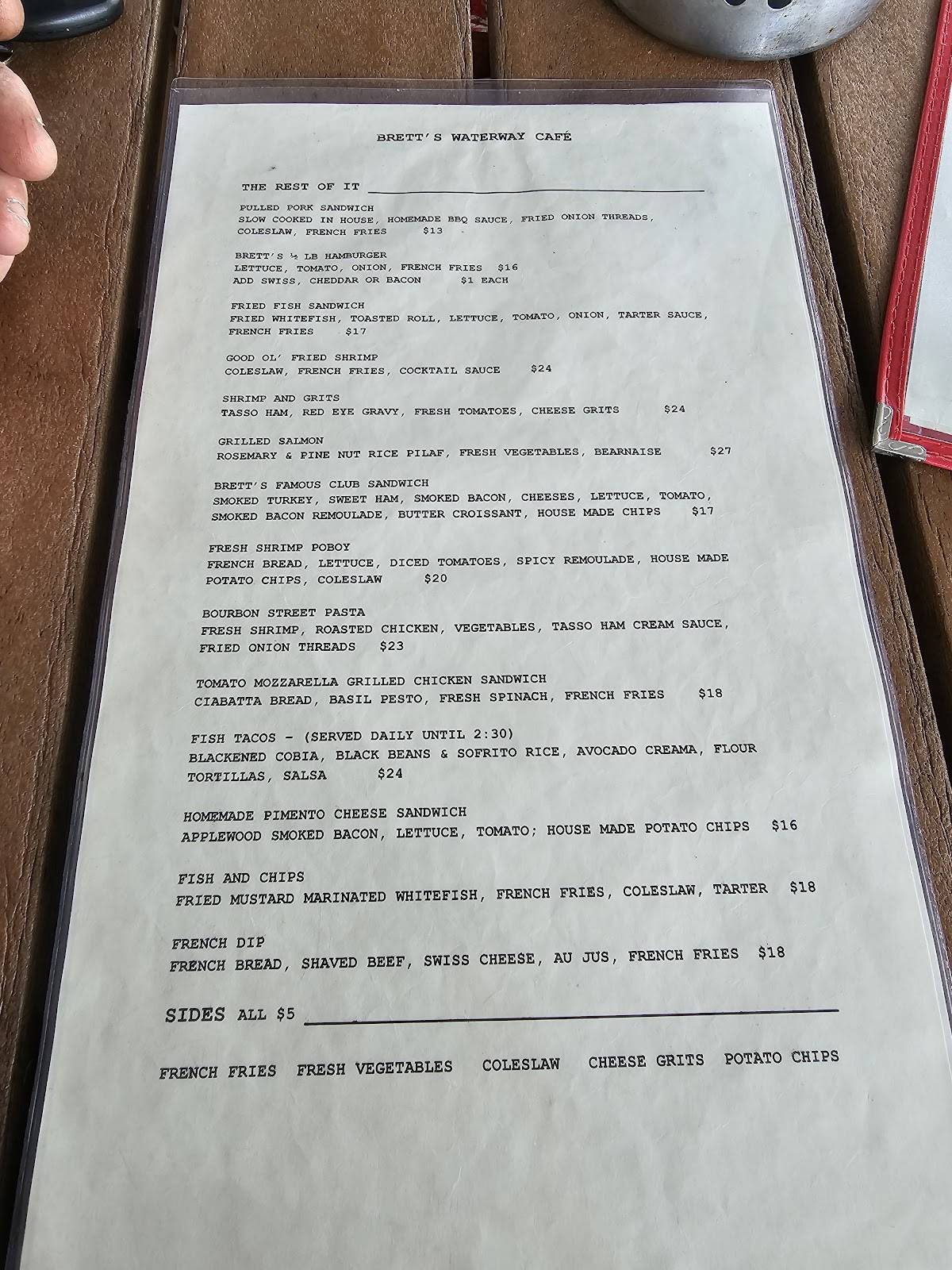 Menu at Brett's Waterway Cafe, Fernandina Beach