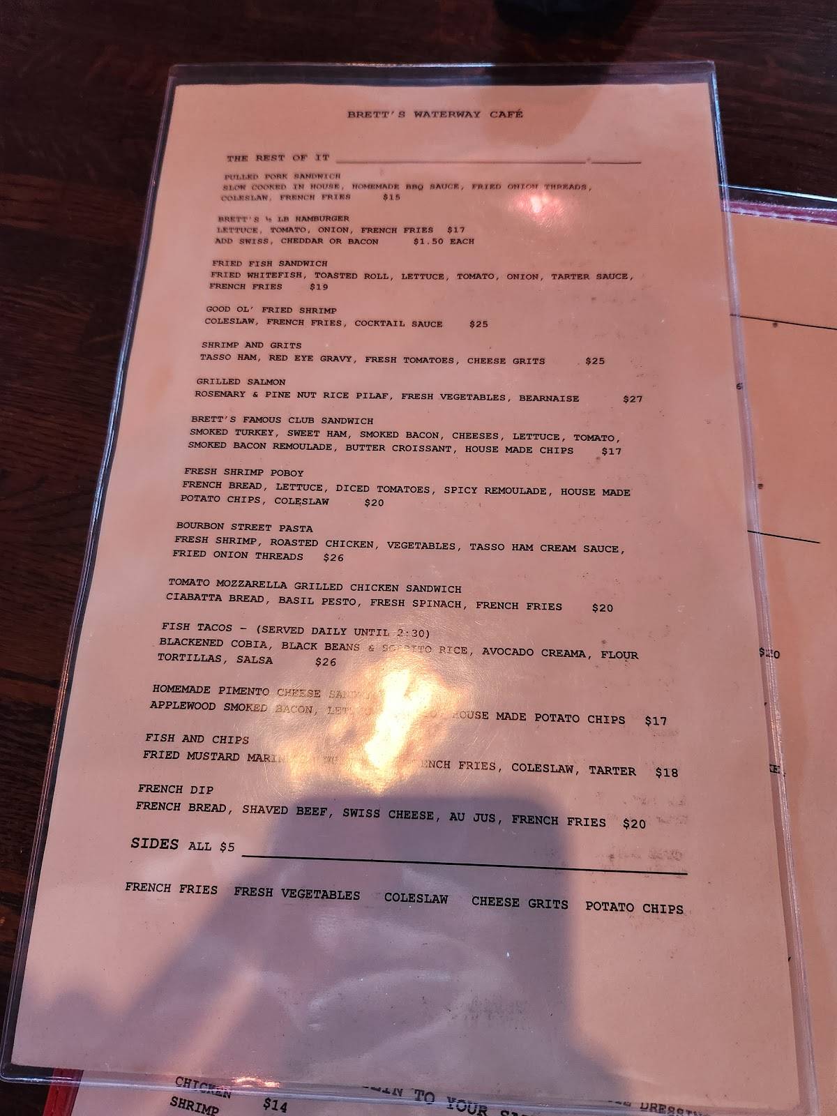Menu at Brett's Waterway Cafe, Fernandina Beach