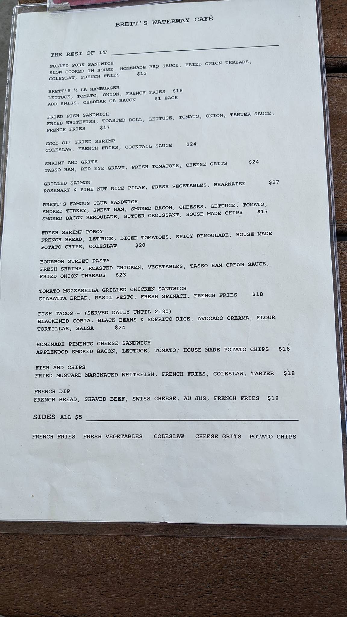 Menu at Brett's Waterway Cafe, Fernandina Beach