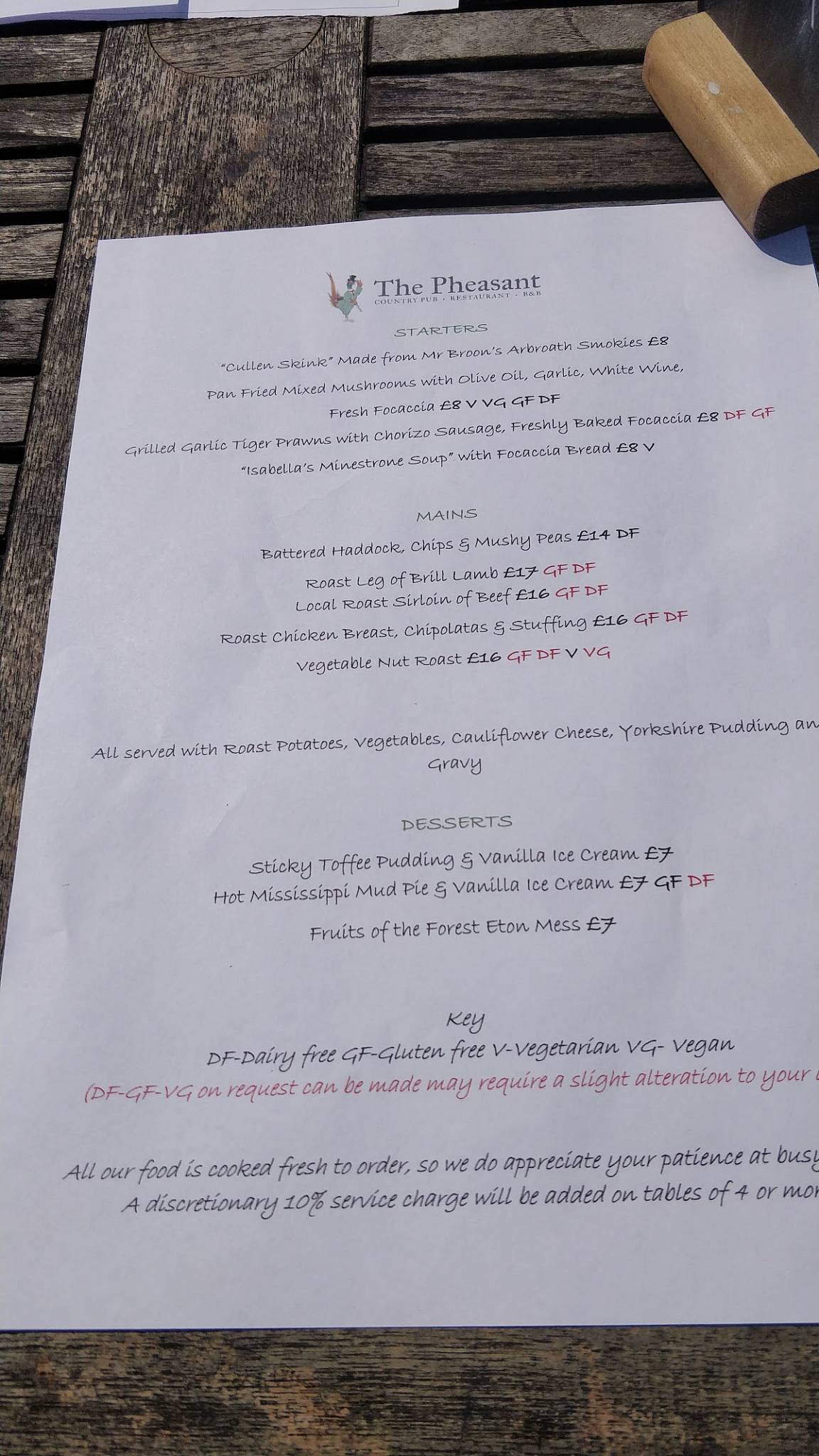 Menu at The Pheasant pub & bar, Brill