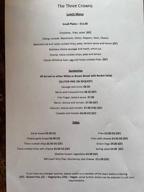 Menu at The Three Crowns, Brinkworth pub & bar, Brinkworth