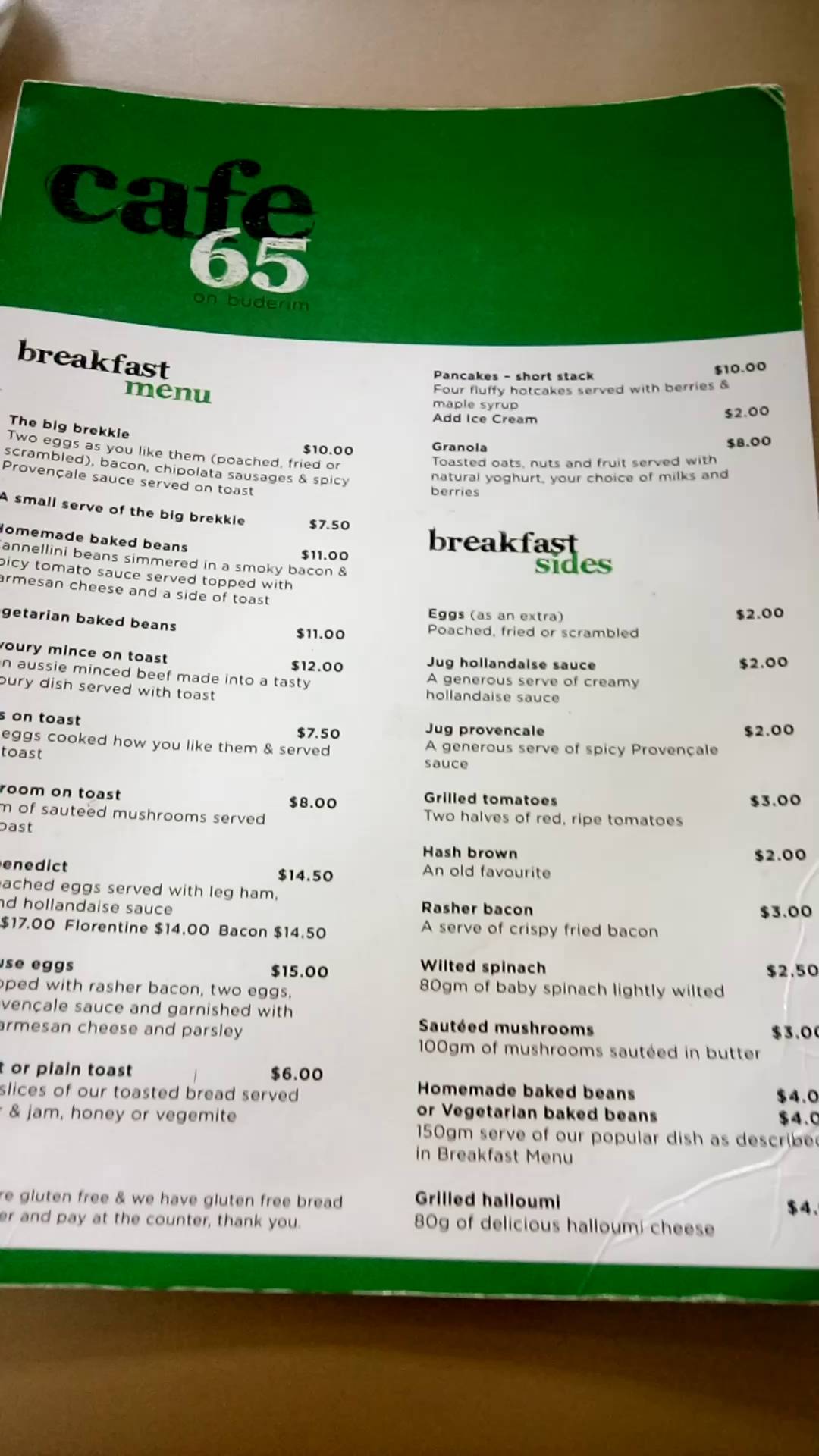 Menu at Cafe 65, Buderim