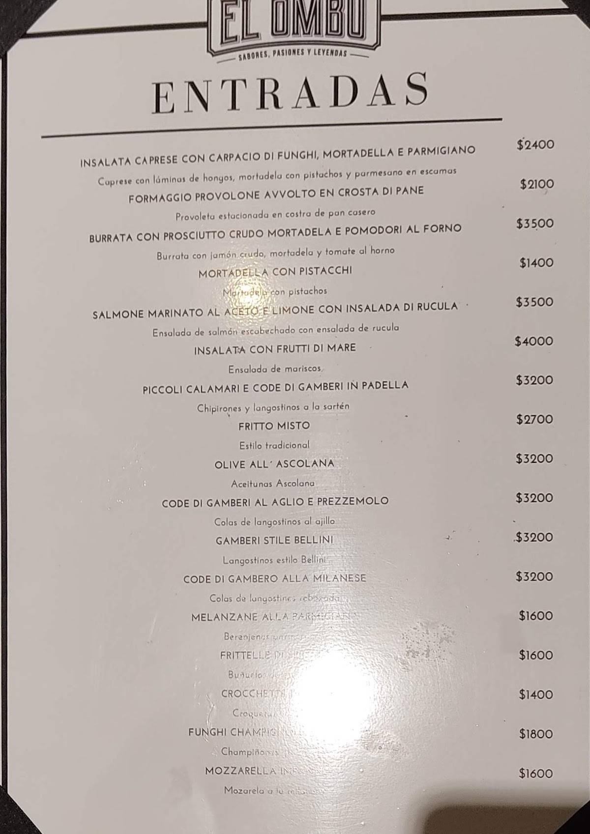 Carta del restaurante Il Ombu Trattoria Italiana, Buenos Aires
