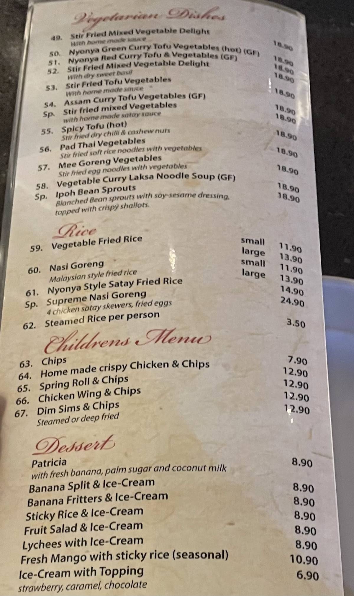 Menu at BungaRaya Satay House Malaysian Restaurant, Merimbula