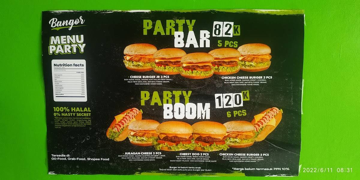 Carta del restaurante Burger Bangor Caruban, Ngampel