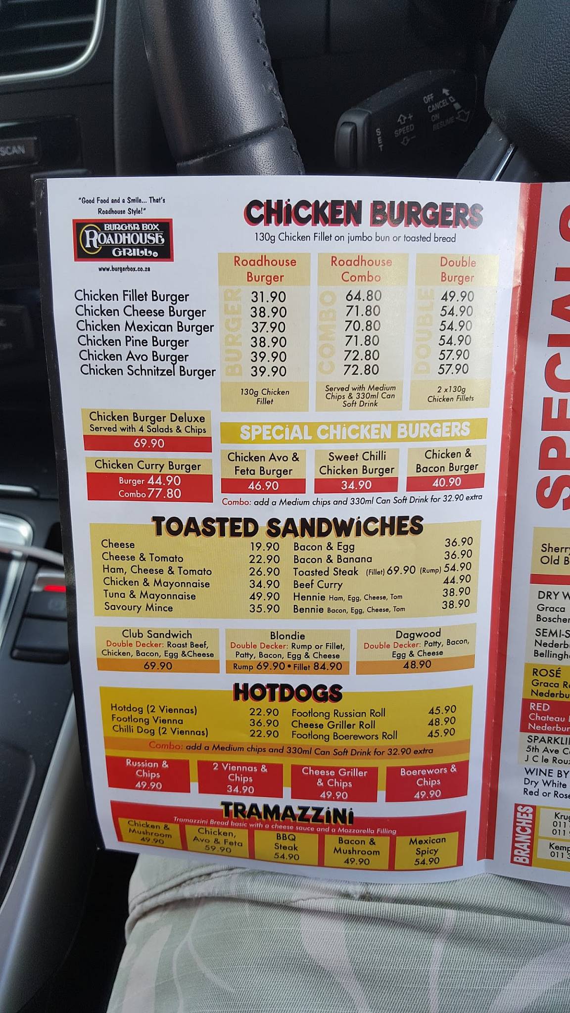 Menu at Burger Box Roadhouse restaurant, Krugersdorp, Gauteng