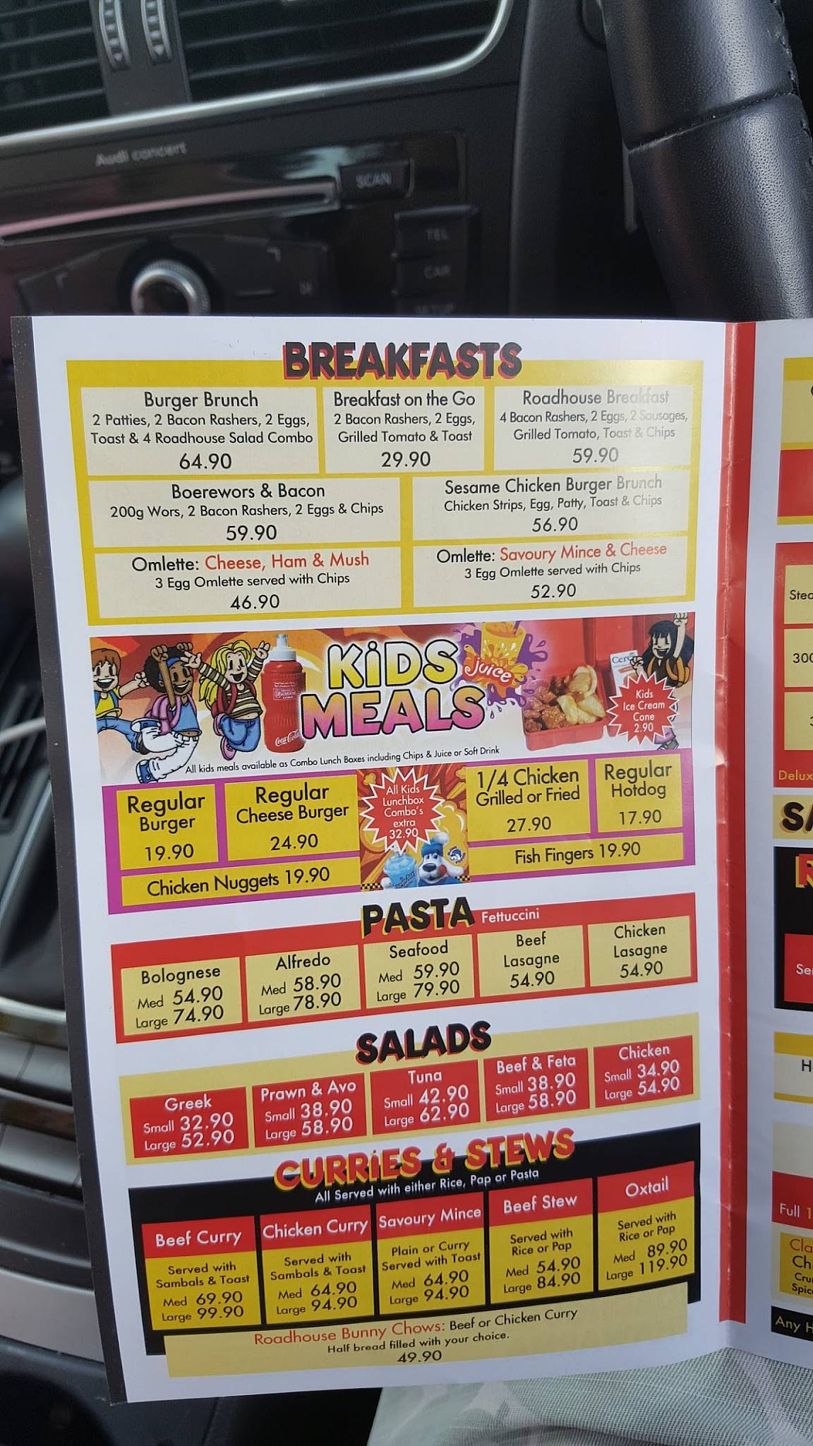 Menu at Burger Box Roadhouse restaurant, Krugersdorp, Gauteng