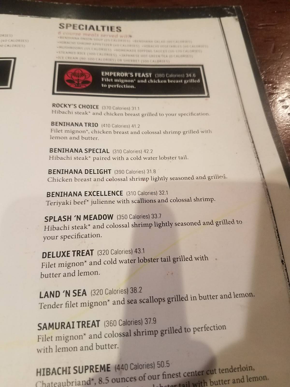 Menu at Benihana restaurant, Burlingame, Old Bayshore Hwy