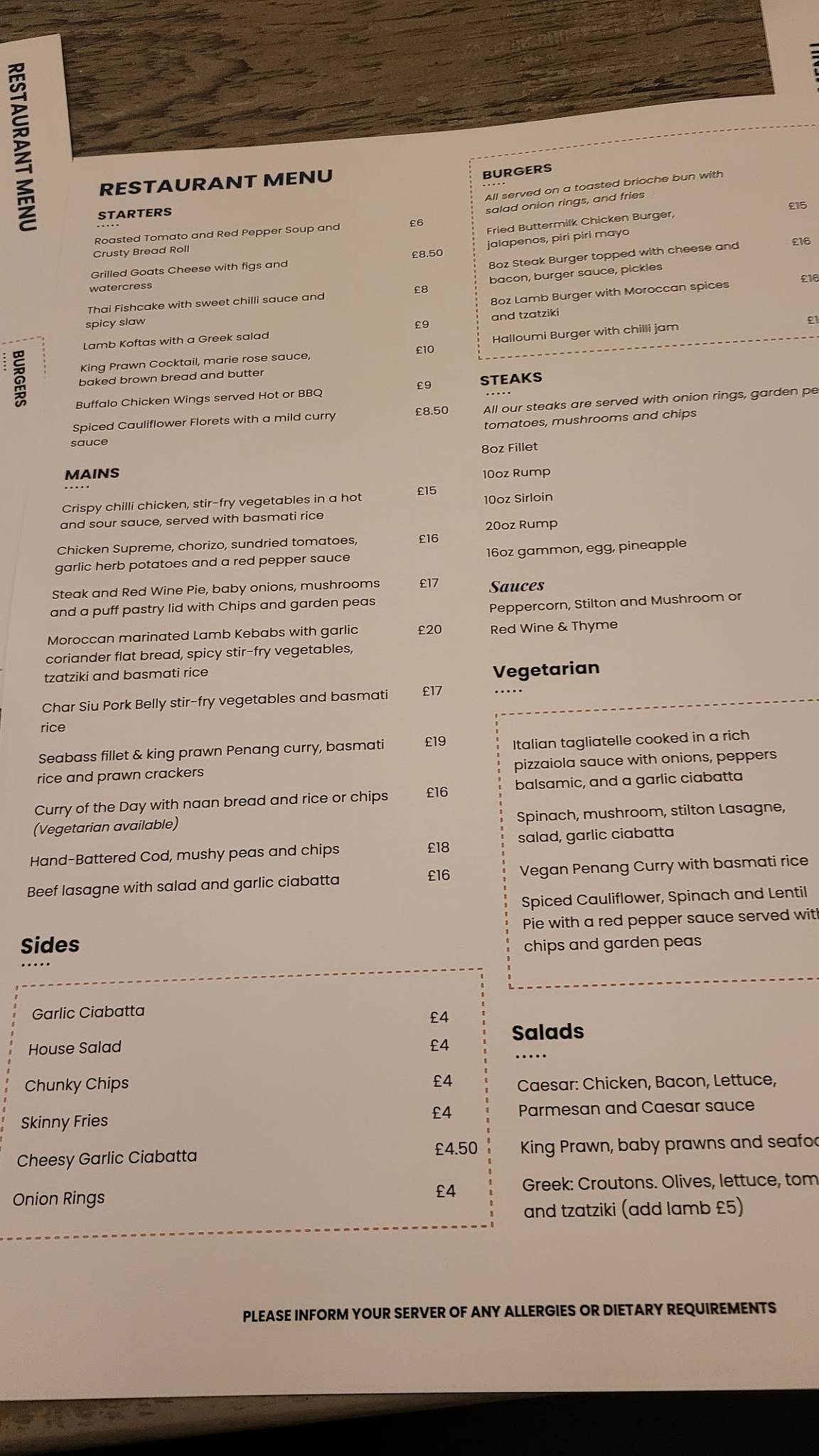 Menu at The Nelson Inn pub & bar, Burntwood