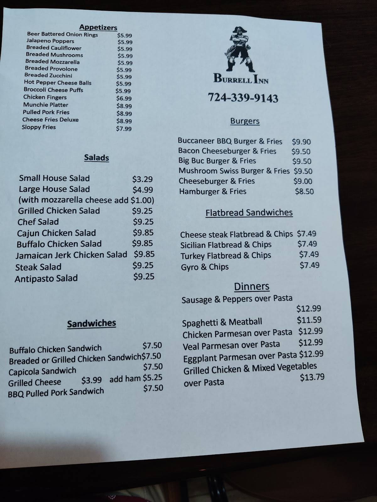 Menu at Burrell Inn restaurant, Lower Burrell