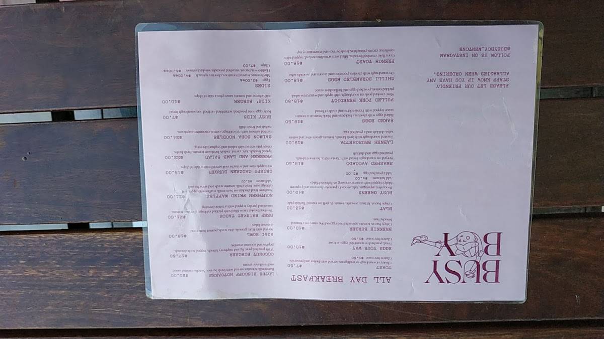 Menu at Busy Boy restaurant, Mentone