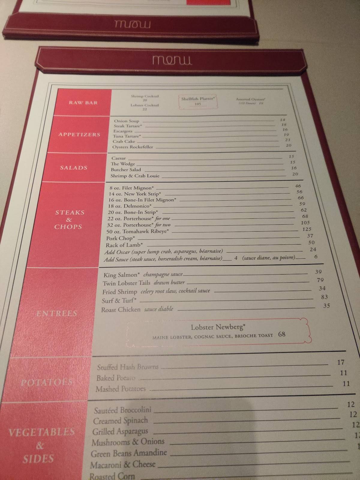 Menu at Butcher and Singer steakhouse, Philadelphia