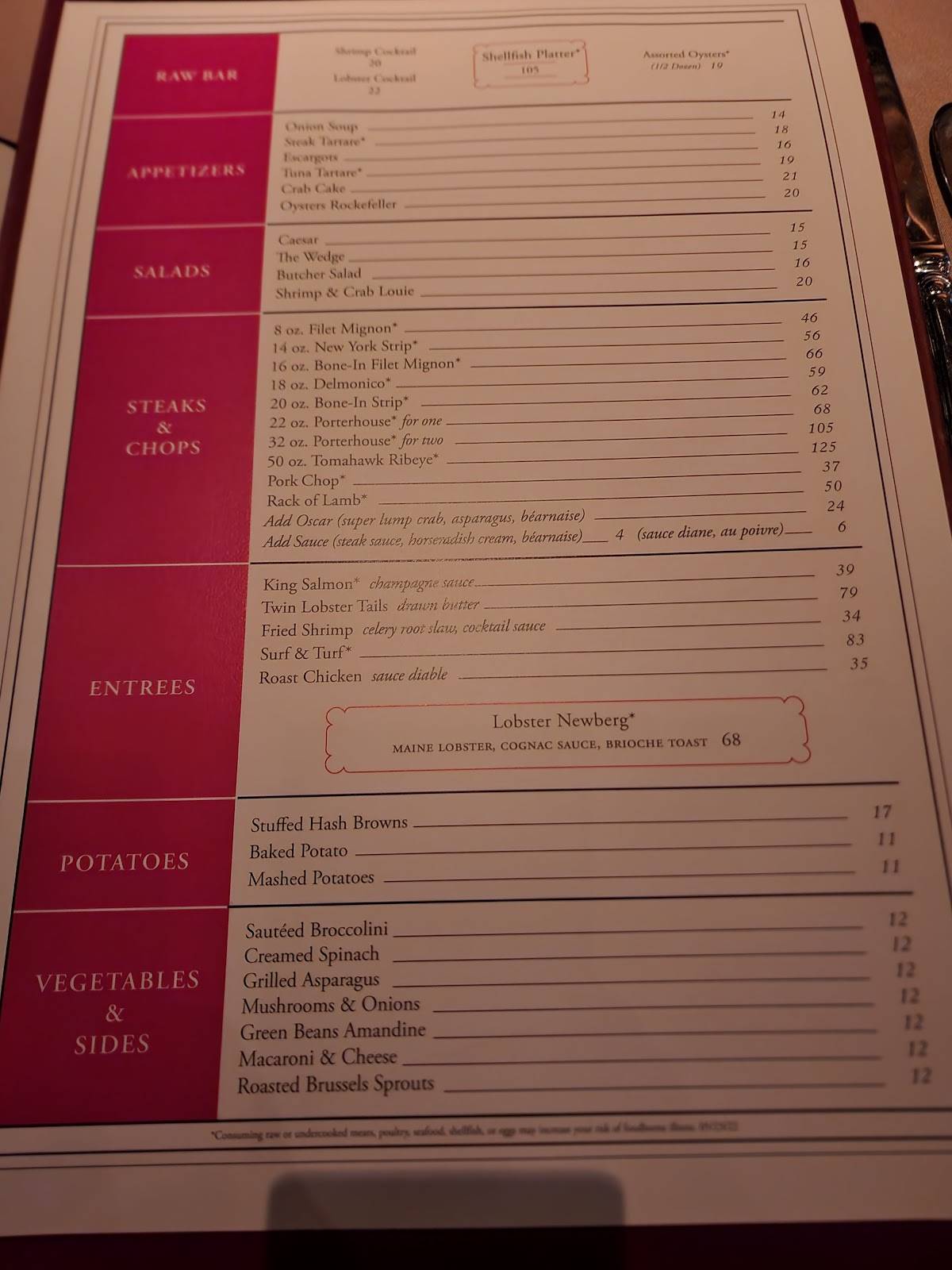 Menu at Butcher and Singer steakhouse, Philadelphia