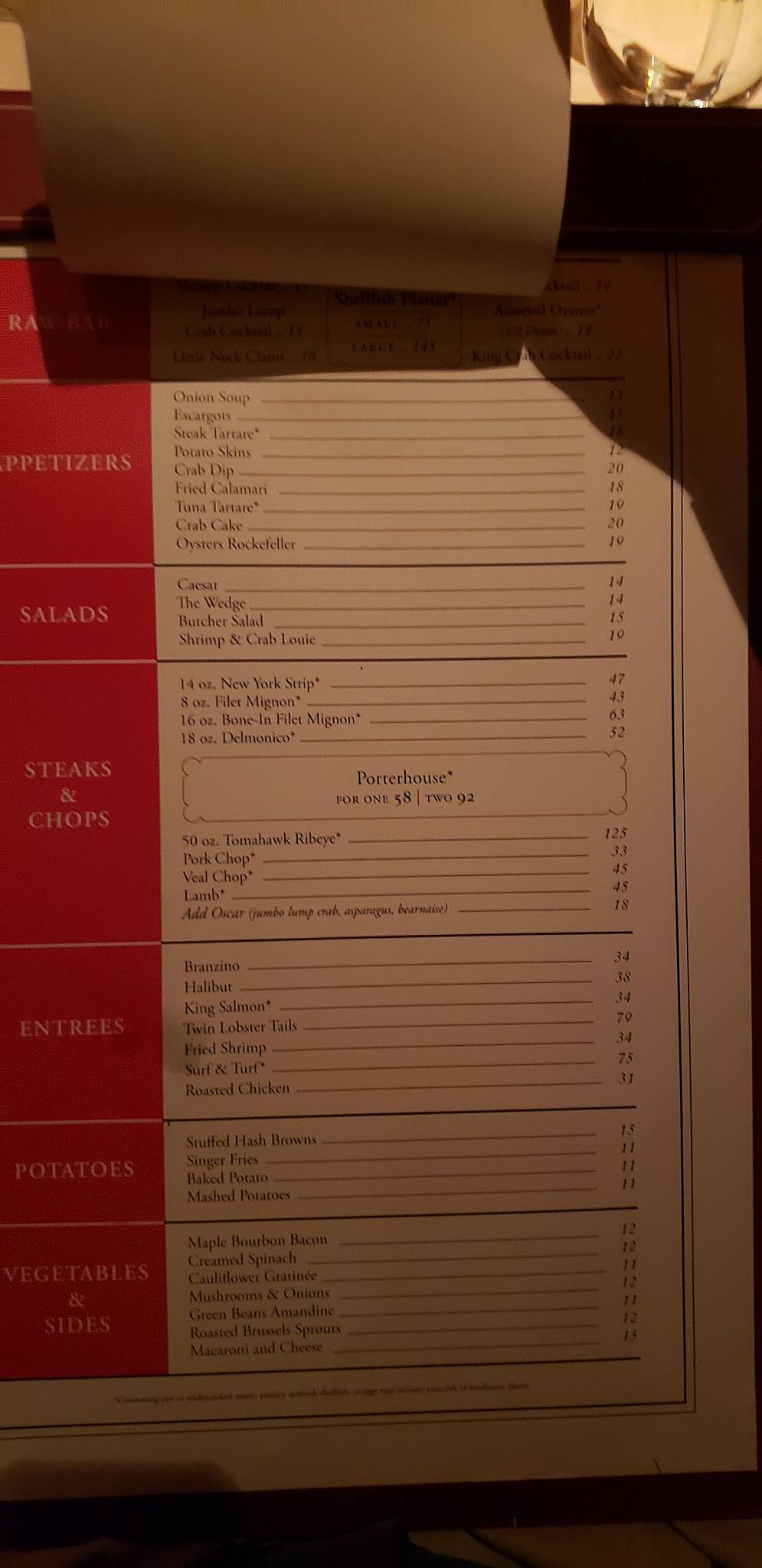 Menu at Butcher and Singer steakhouse, Philadelphia