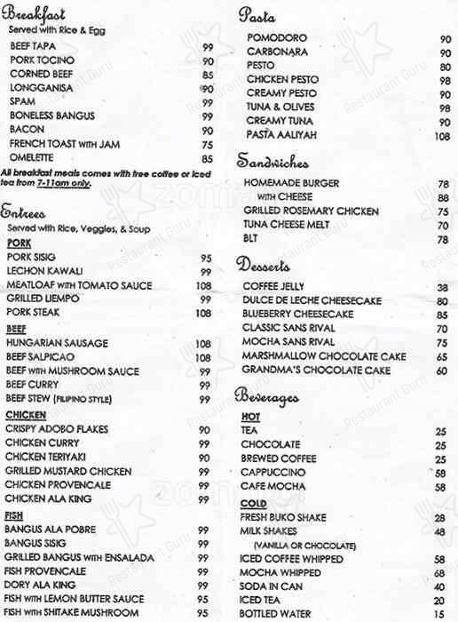 Carta de Cafe Aaliyah, Mandaluyong