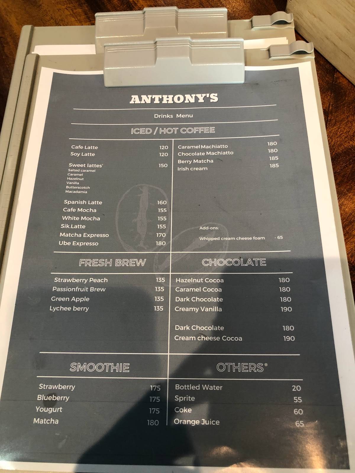 Menu at Anthony’s Cafe, Cebu City